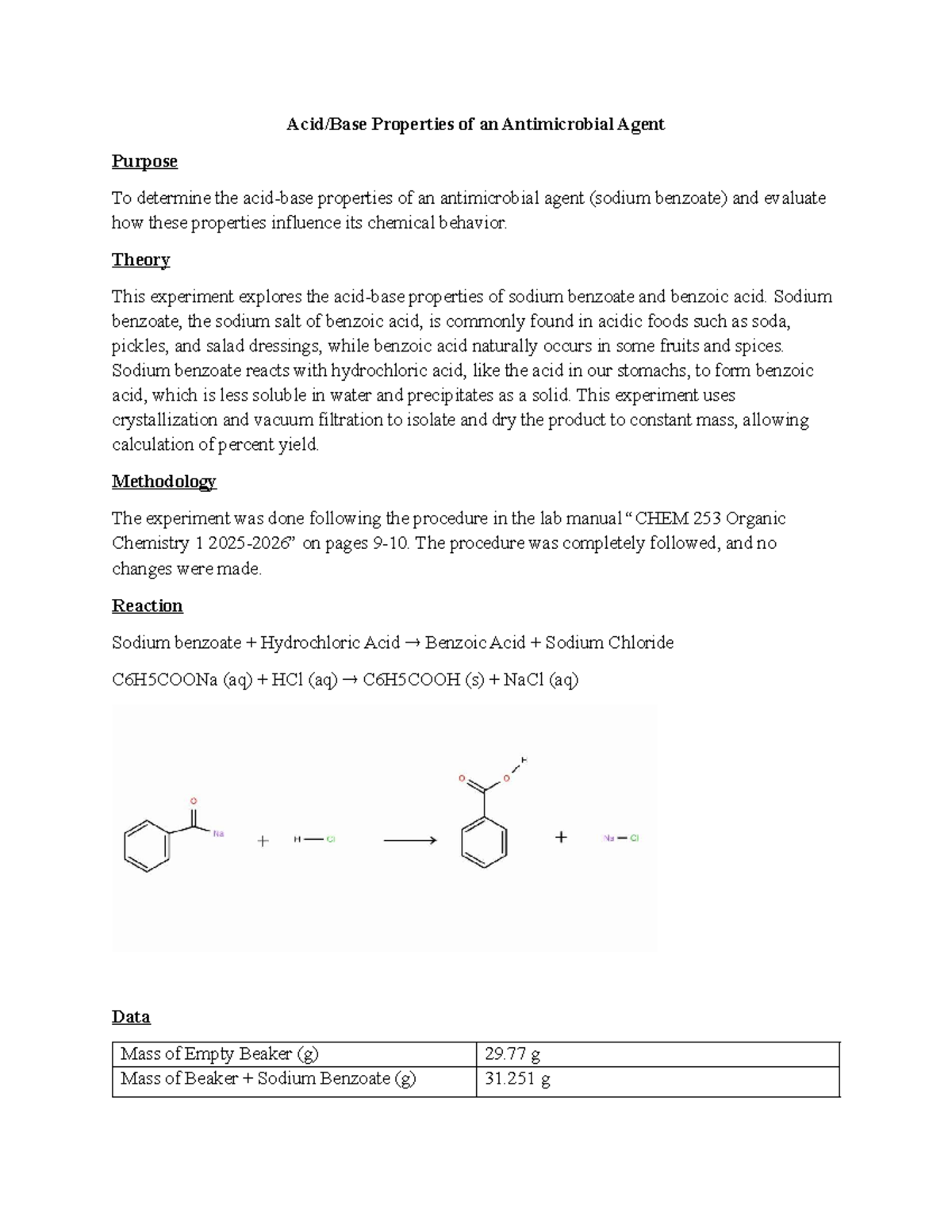 Lab Report: Properties of Sodium Benzoate (Chem 253) - Studocu