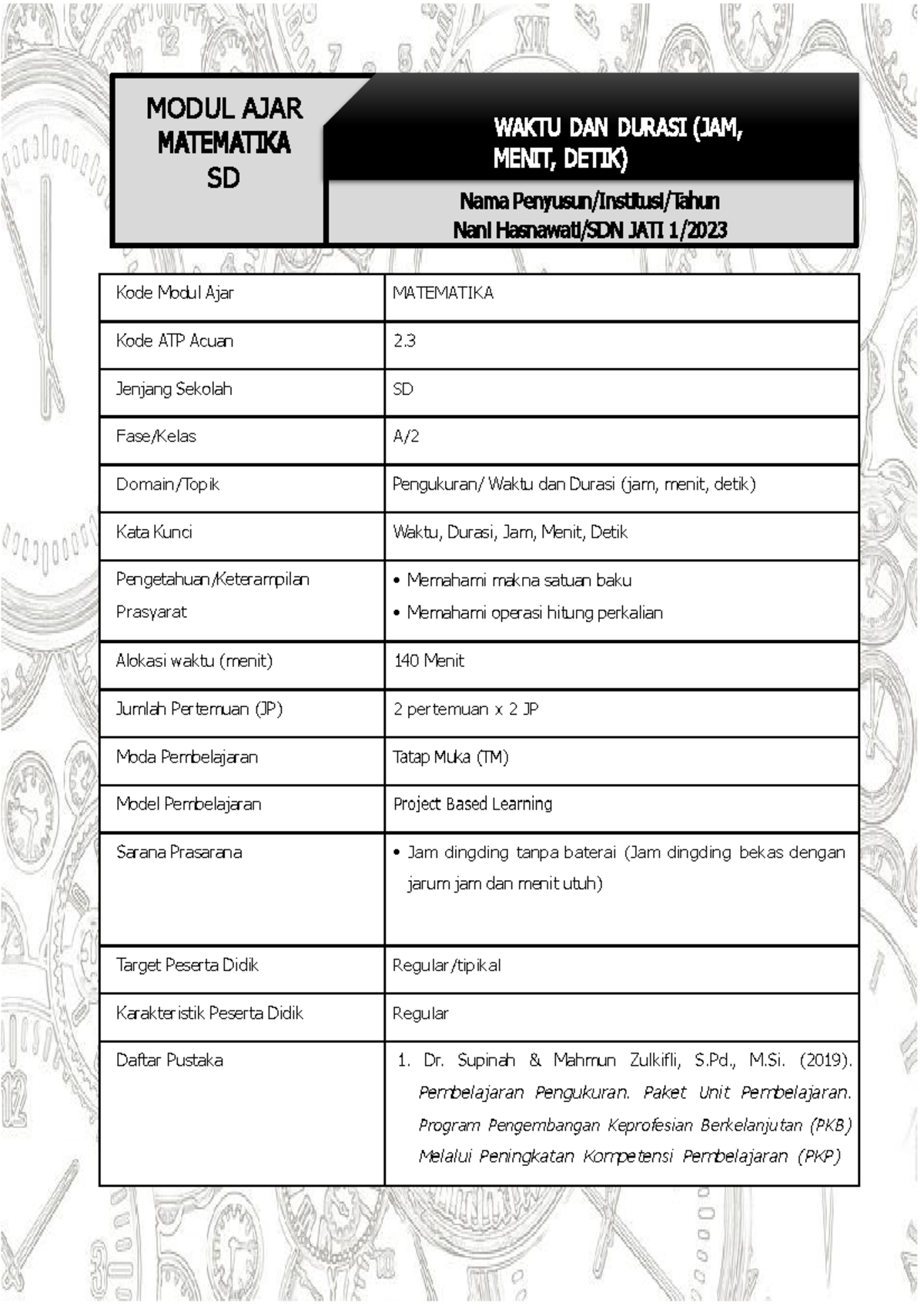 330940 - Modul Ajar Matematika: Waktu dan Durasi untuk SD Kelas 2 - Studocu