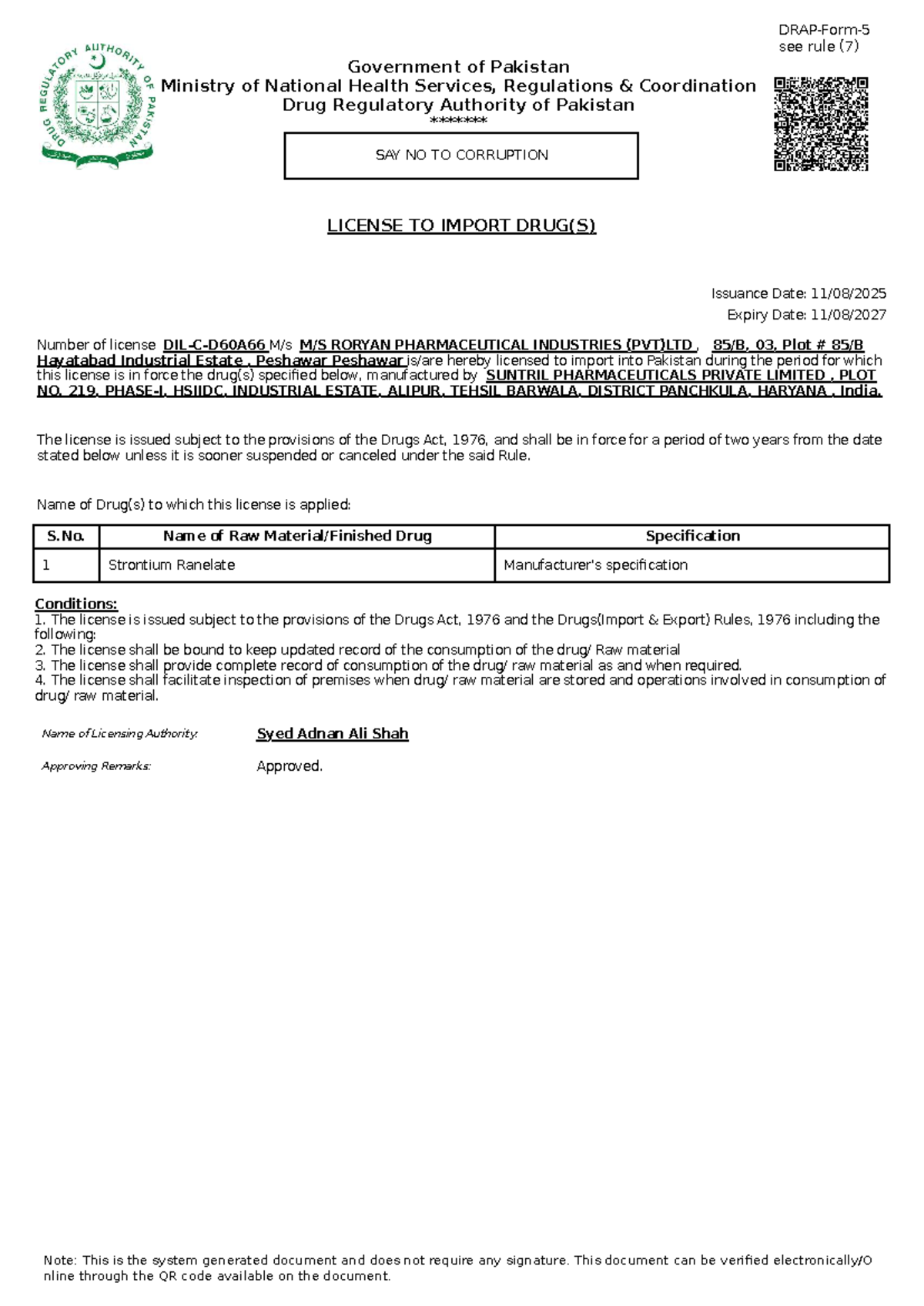 DIL-C-D60A66 - License to Import Drug(s) for RORYAN PHARMACEUTICALS ...