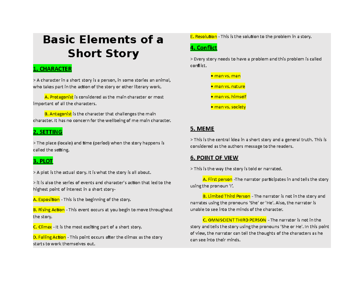 Basic Elements of a Short Story - CHARACTER A character in a short ...