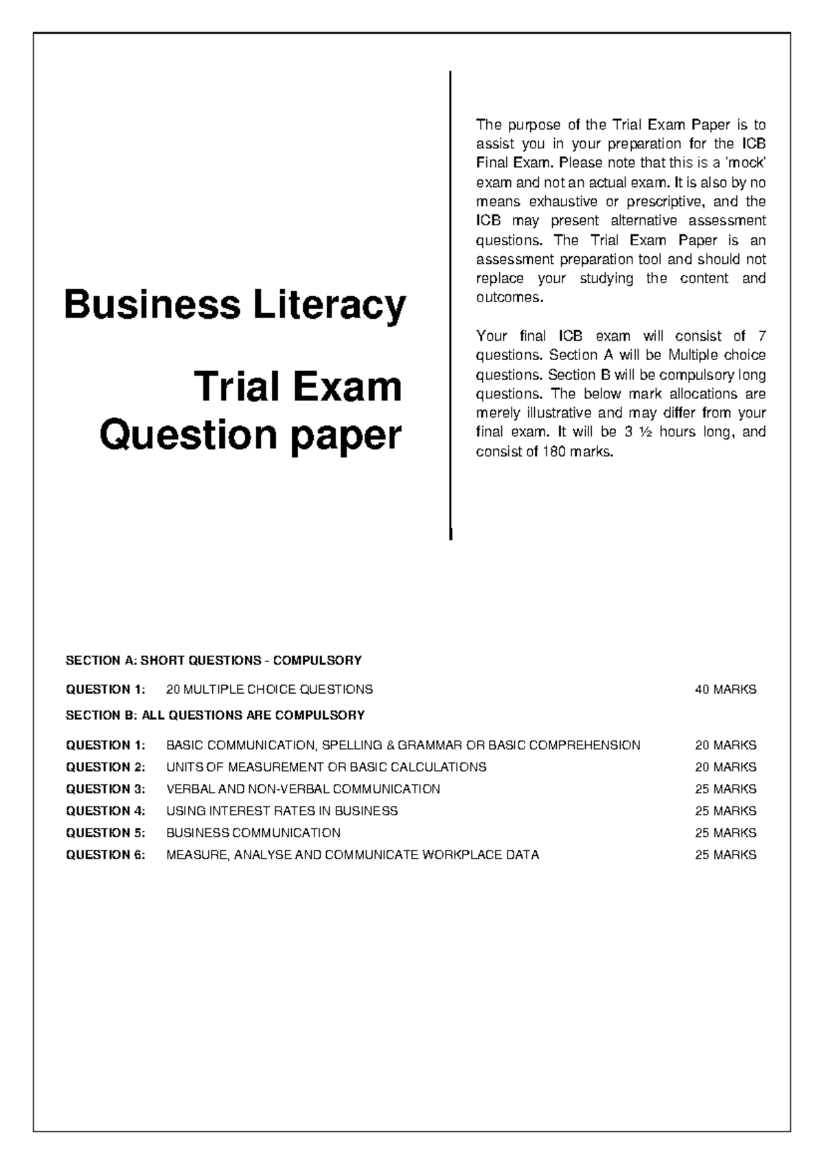 ICB Business Literacy Trial Exam Question Paper - Prep for Final Exam ...