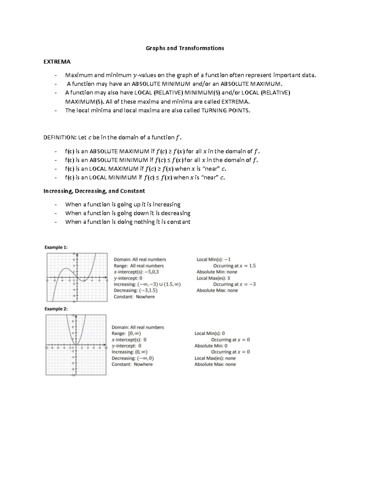 Graphs and Transformations - Graphs and Transformations EXTREMA Maximum and minimum 𝑦-values on ...