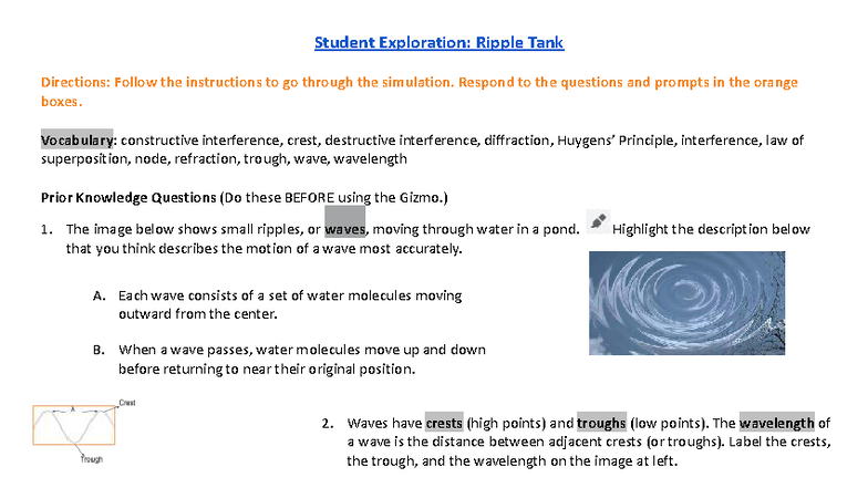Gizmo Ripple Tank Exploration: Wave Motion & Interference - Studocu