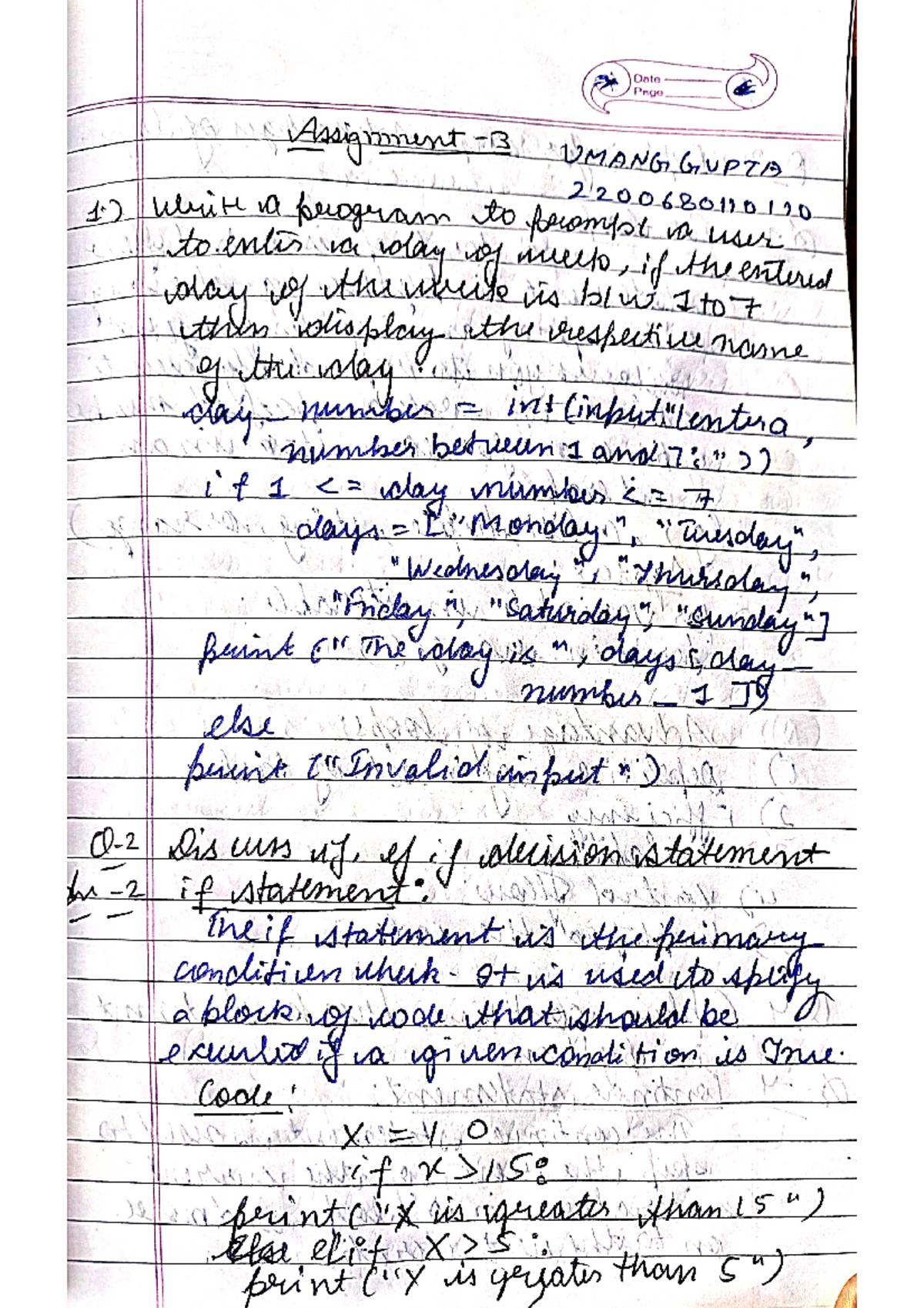 Assignment 3 python Umang Gupta 22006 80110110 - x Date Page a ...