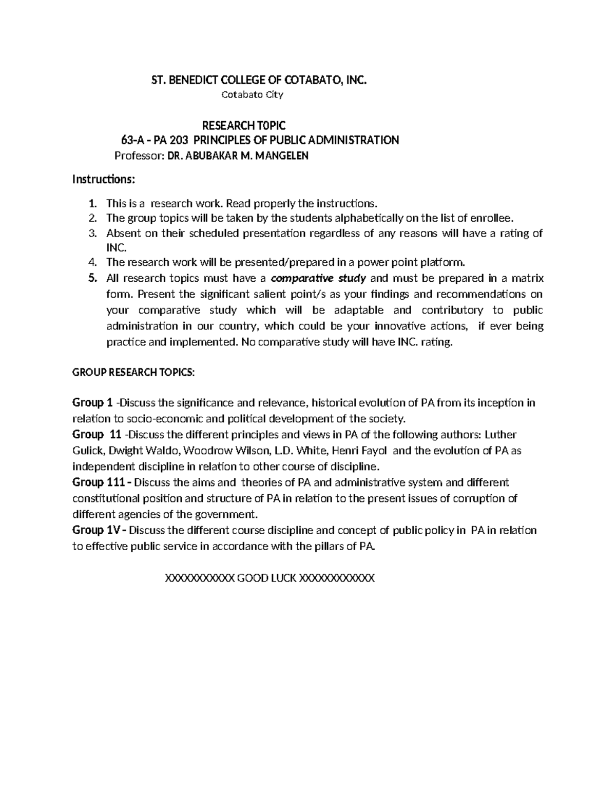 PA 203 Research Topics: Principles of Public Administration - Studocu