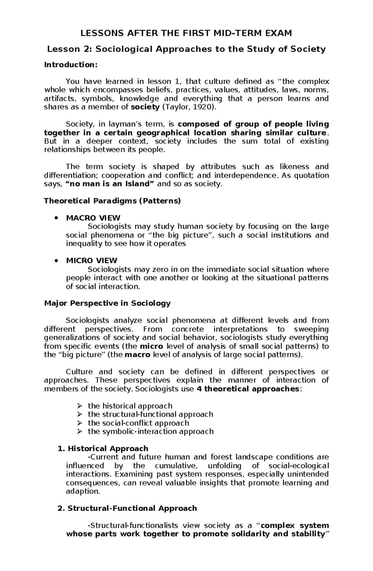 UCSP MOD 2 Lesson 2: Sociological Approaches to Society - Studocu