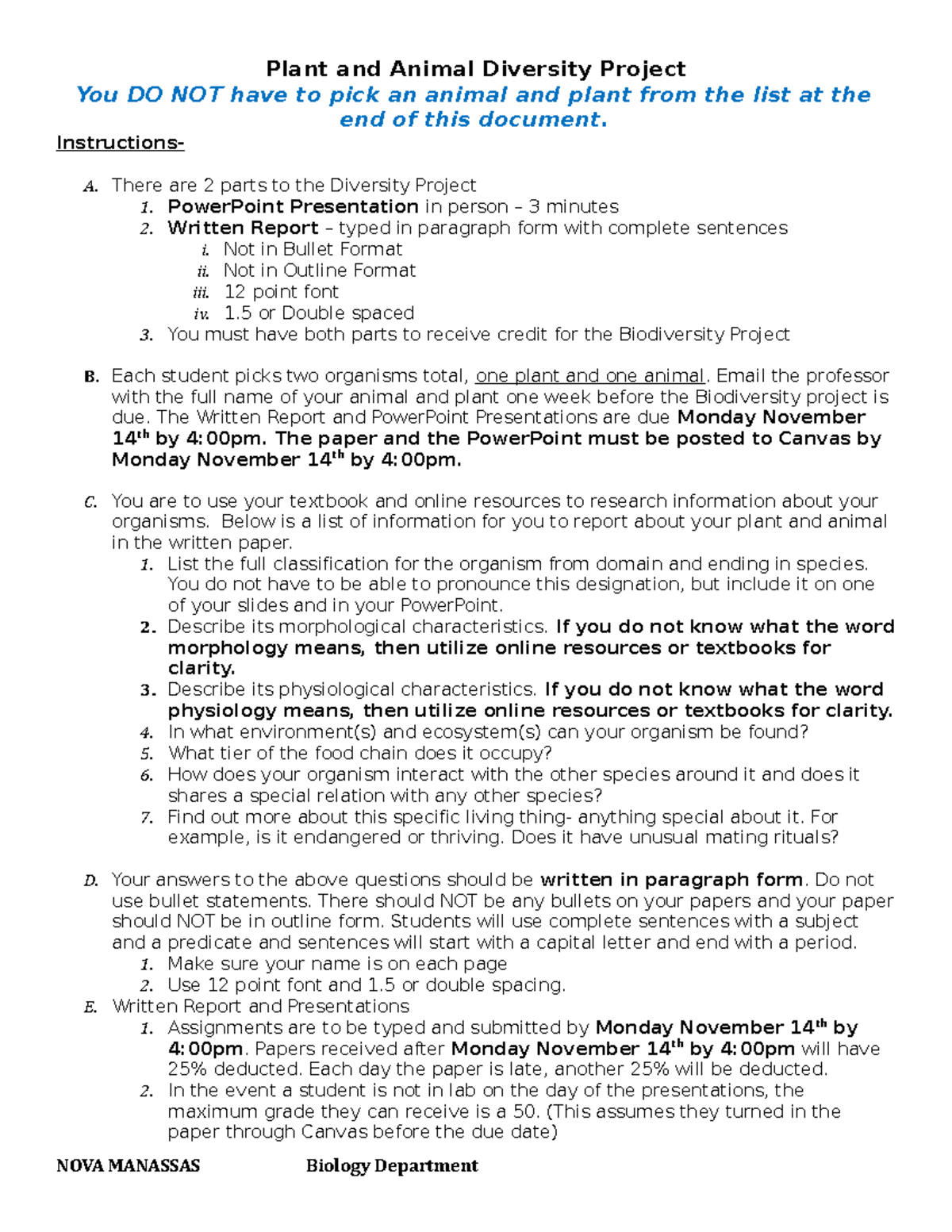 Bio Diversity Instructions - Plant and Animal Diversity Project You DO ...