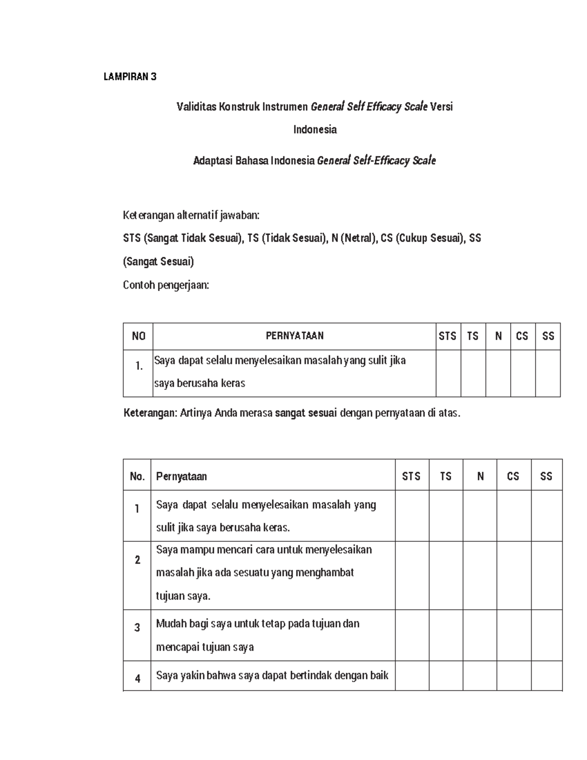 Kuesioner 1 - Validitas Konstruk General Self Efficacy Scale - Studocu