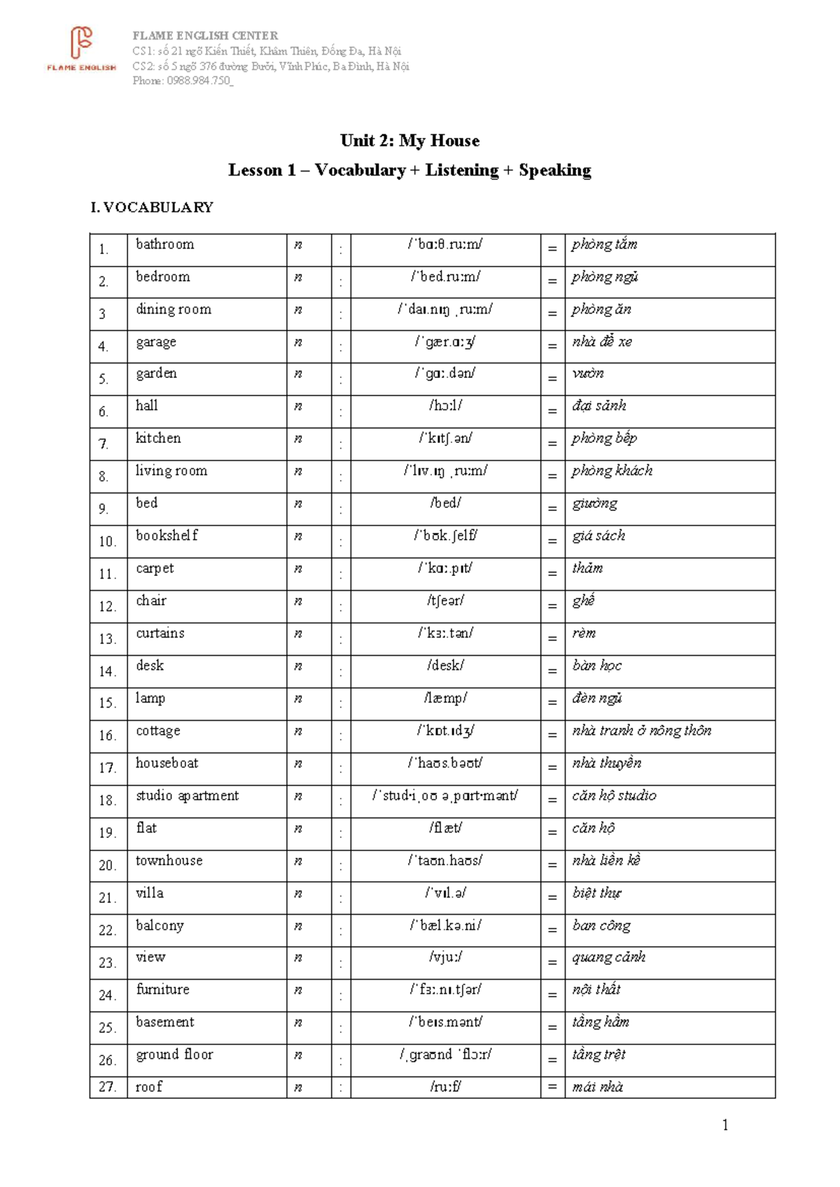 Lesson 3: My House - Vocabulary, Listening, and Speaking (CS1) - Studocu