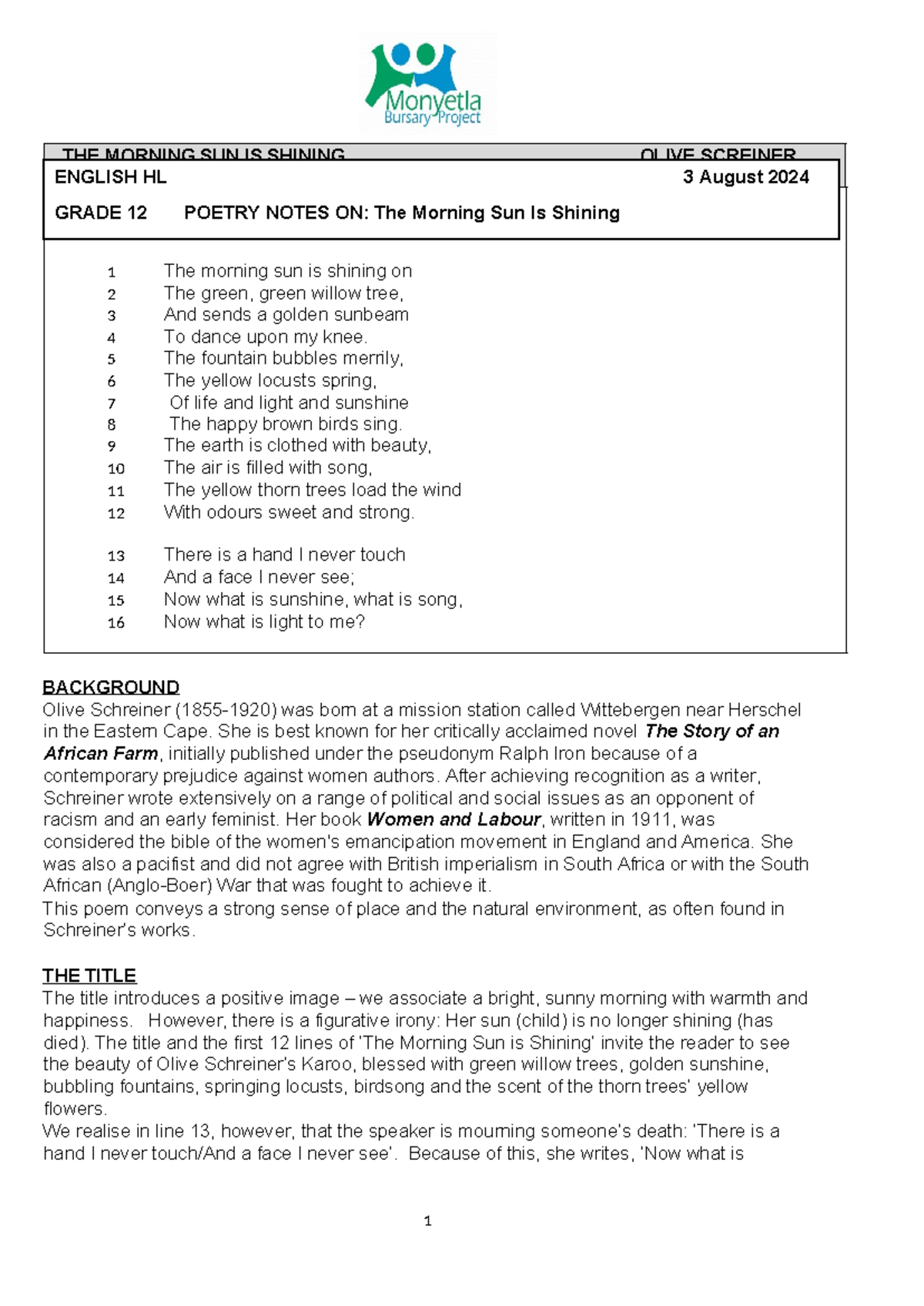 Grade 12 English HL: Poetry Notes on "The Morning Sun Is Shining" by ...