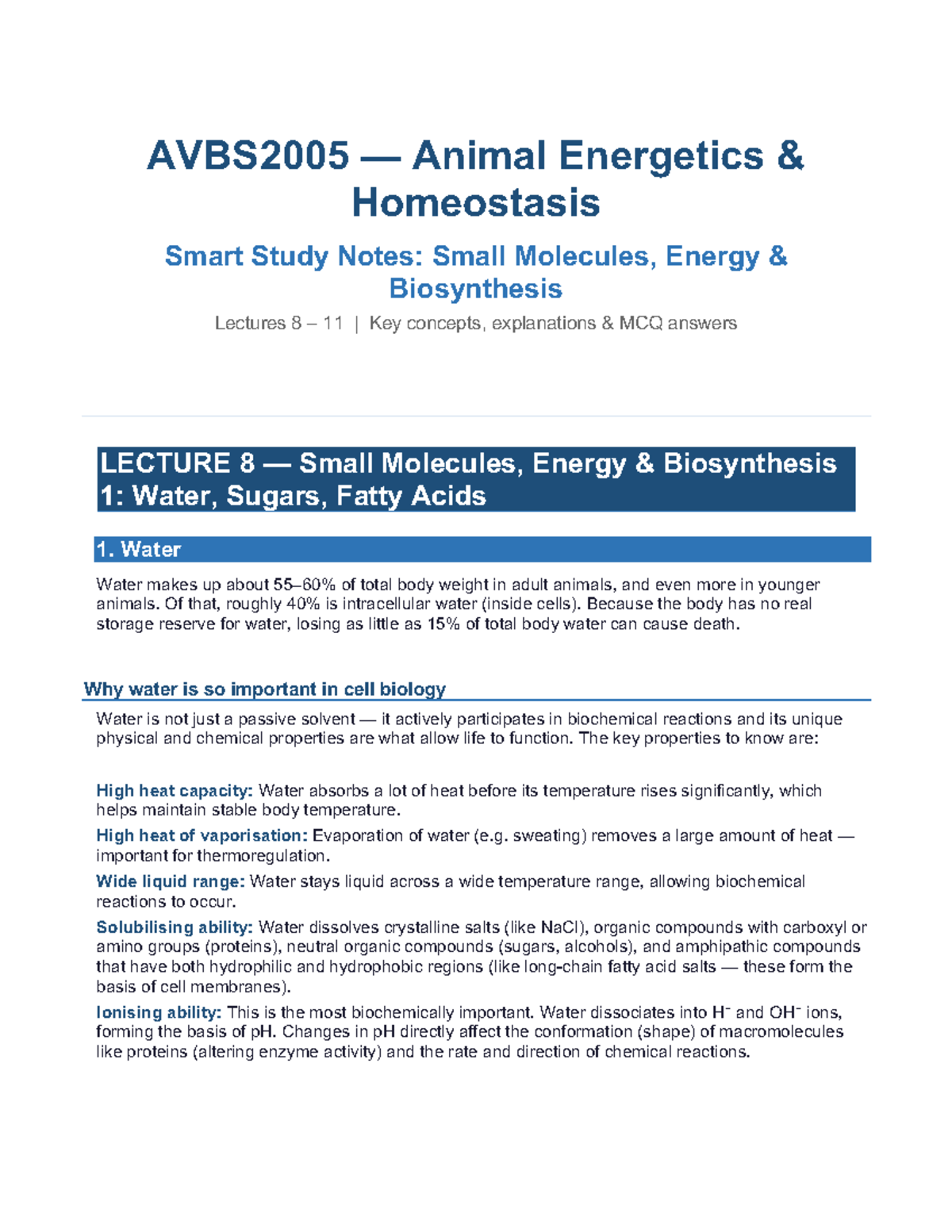 AVBS2005 Animal Energetics Homeostasis: Small Molecules & Energy ...