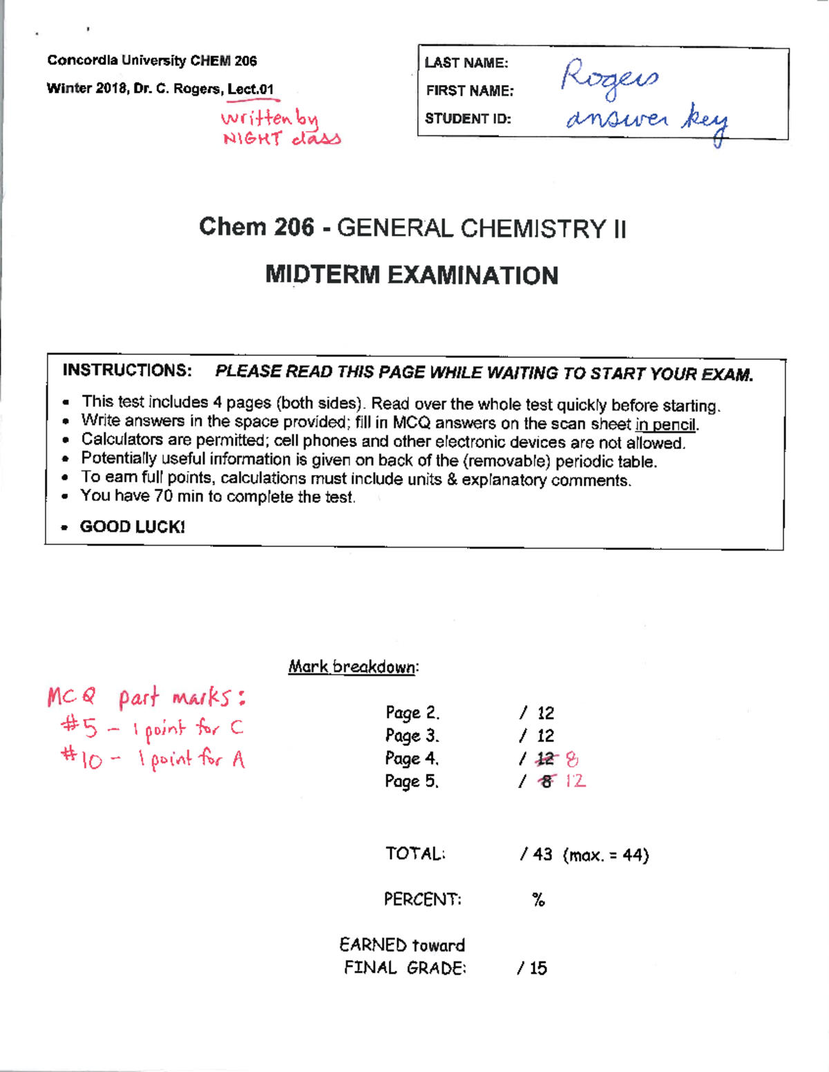 CHEM 206 Winter 2018 Night Class Midterm Exam Answer Key - Studocu