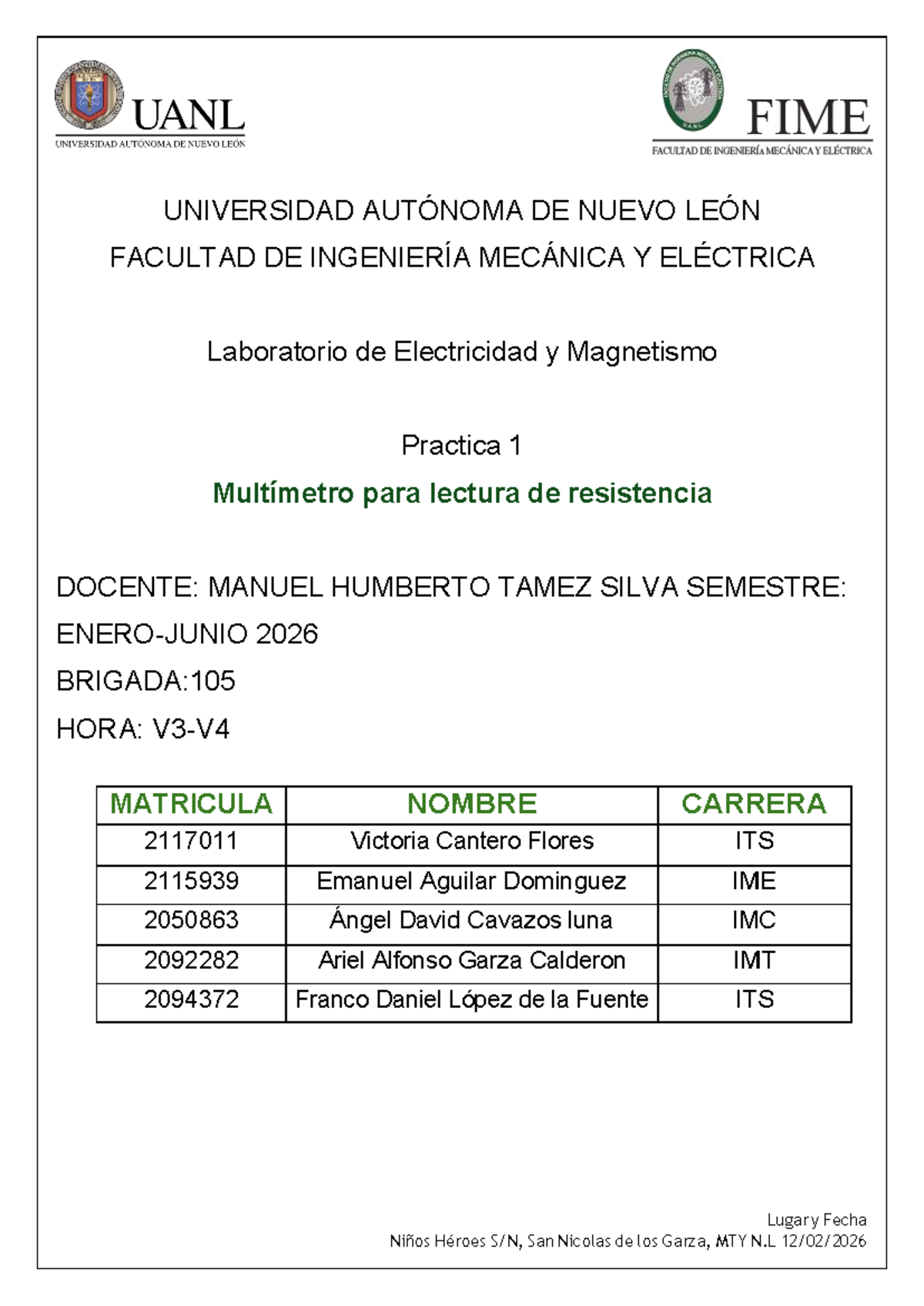 Práctica 1: Uso de Multímetro en Electricidad y Magnetismo (IME 2026 ...