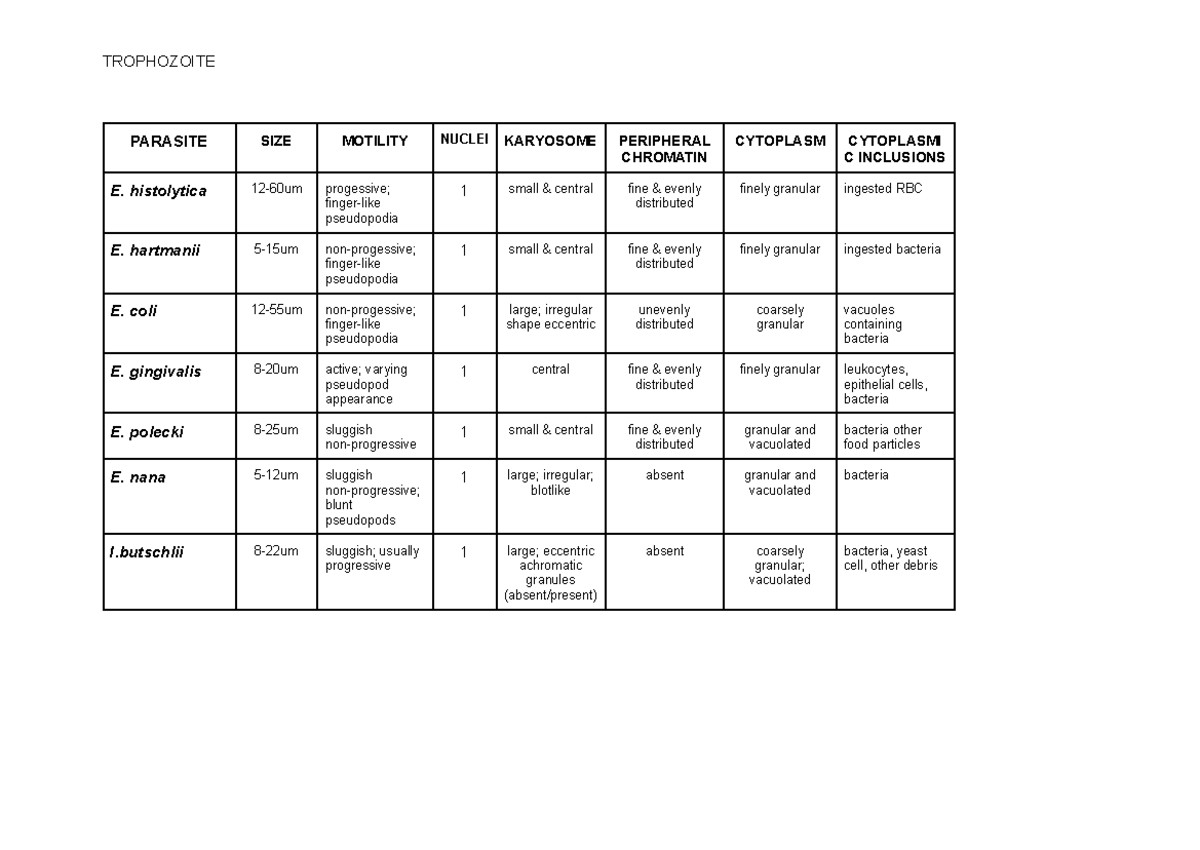Sarcodinas - Parasitology Table: Size, Motility, and Inclusions - Studocu