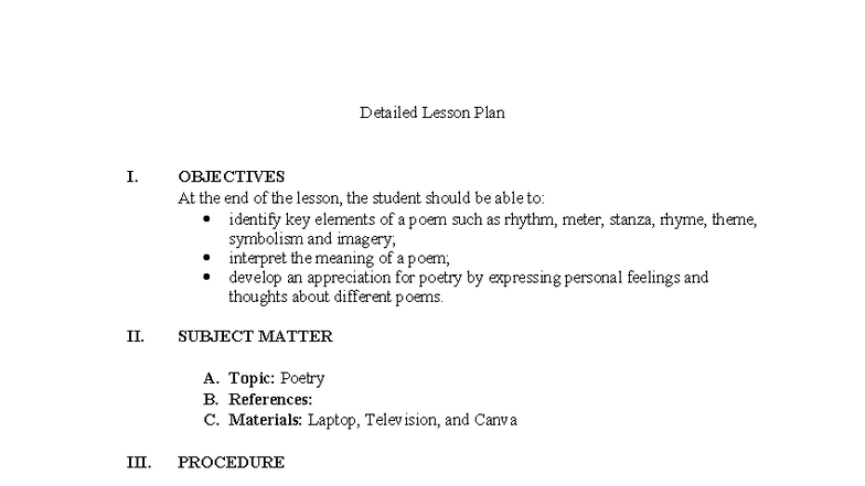 Detailed Lesson Plan on Poetry (EDU 317) - Studocu