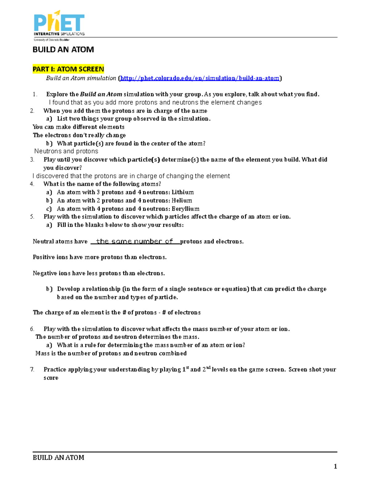 U2 L2 PhET Build an Atom Student Sheet Activity Guide - Studocu