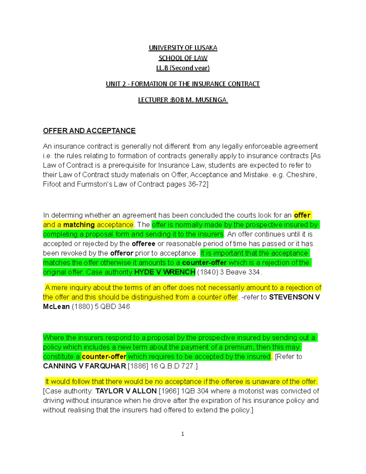 Insurance law summaries - General principles of insurance law Ch 1 ...