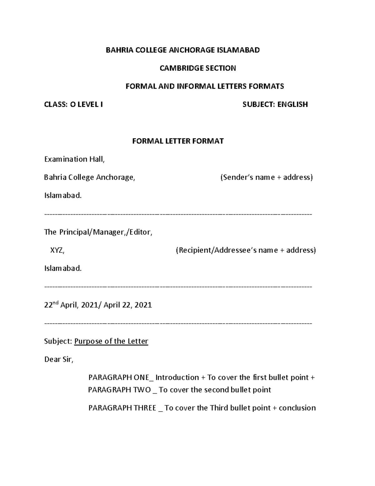 O Level I English Letter Writing Formats and Guidelines - Studocu