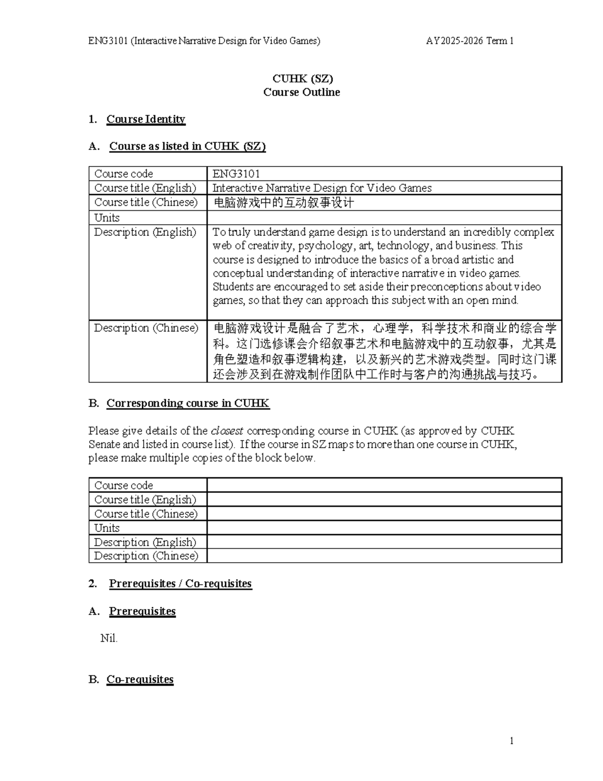 ENG3101 Interactive Narrative Design for Video Games Term 1 Course ...