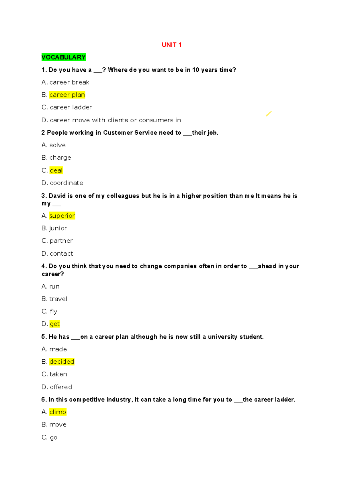 UNIT 1 VOCABULARY ANSWERS - Reference Guide - Studocu