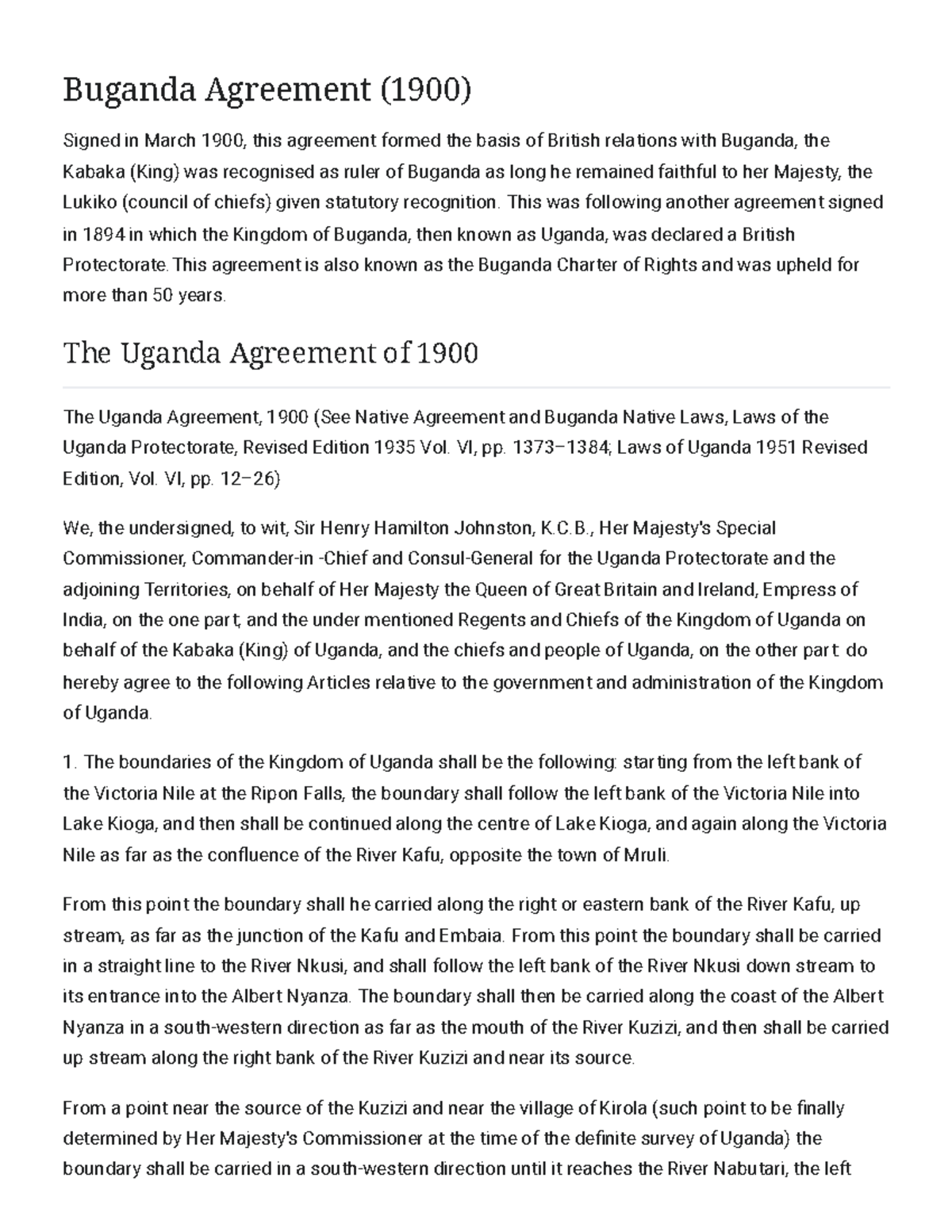 Buganda Agreement (1900): A Historical Overview and Analysis - Studocu
