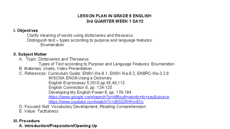Grade 6 English Lesson Plan: Dictionaries & Text Types (3rd Qtr, Week 1 ...