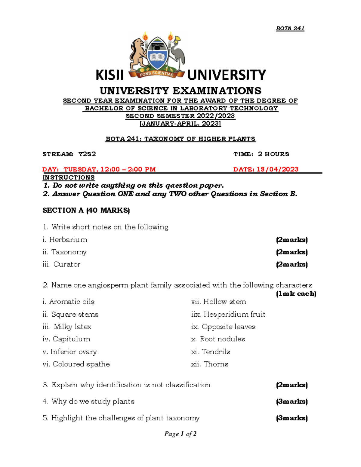 BOTA 241 - Taxonomy of Higher Plants Lecture Notes for Exam Preparation ...