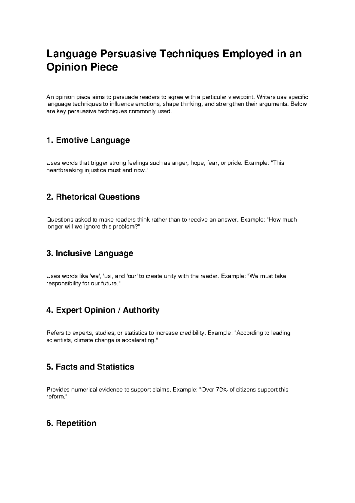 Persuasive Techniques in Opinion Pieces: Key Language Strategies - Studocu