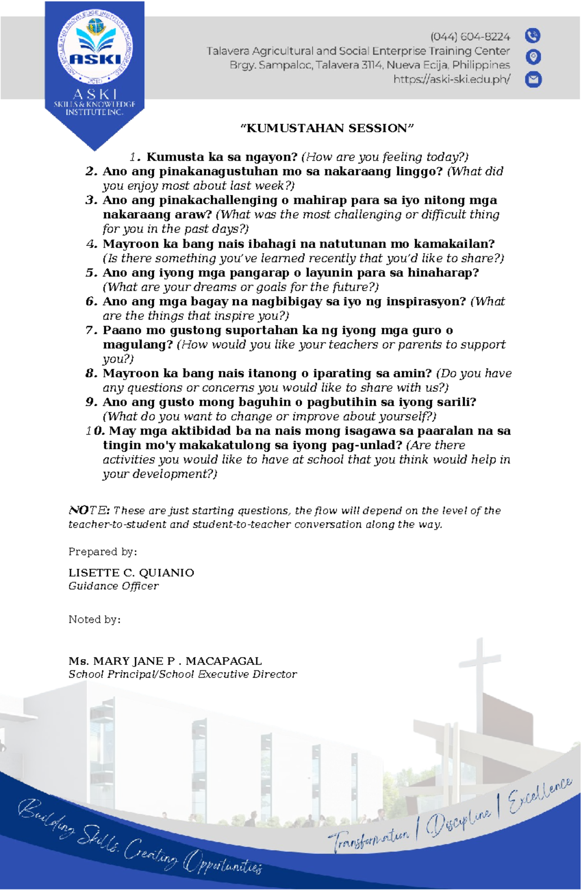 Kumustahan Session: Engaging Questions for Student Reflection - Studocu