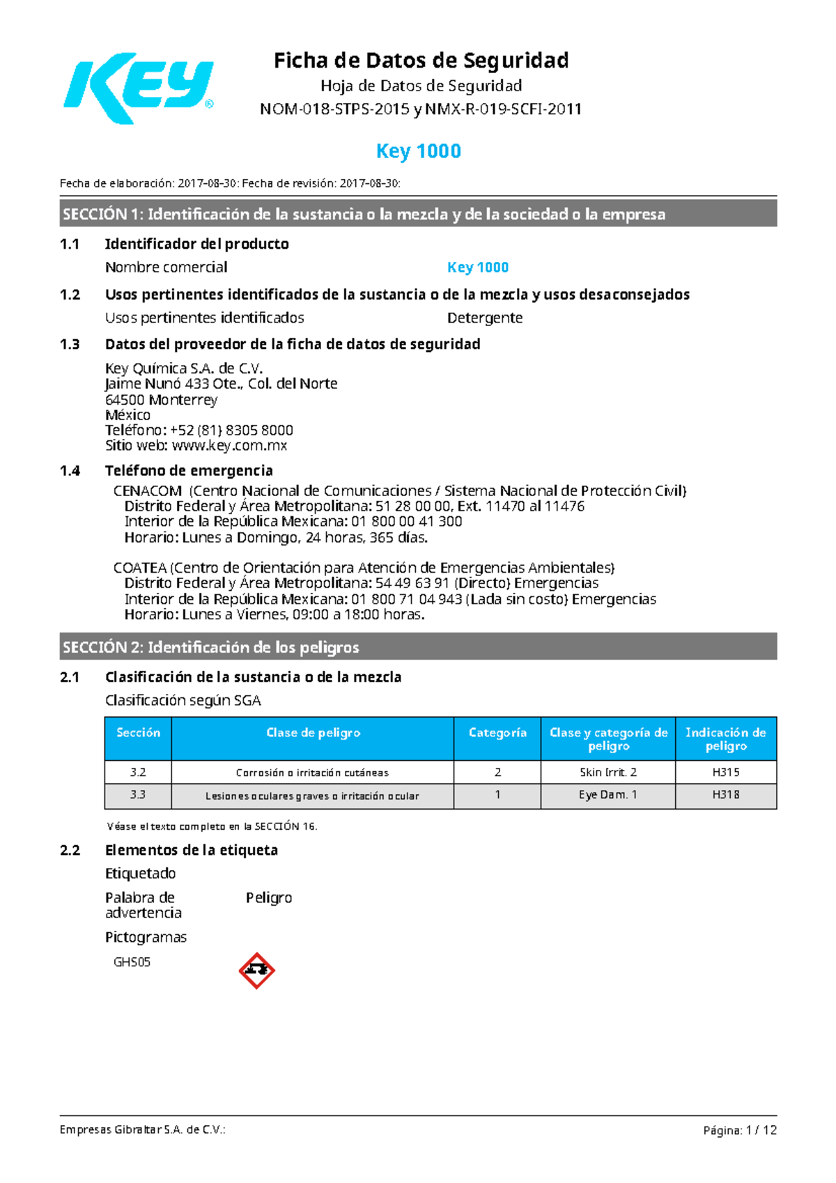 FDS 1000 - Hoja de Datos de Seguridad de Key 1000 - Studocu