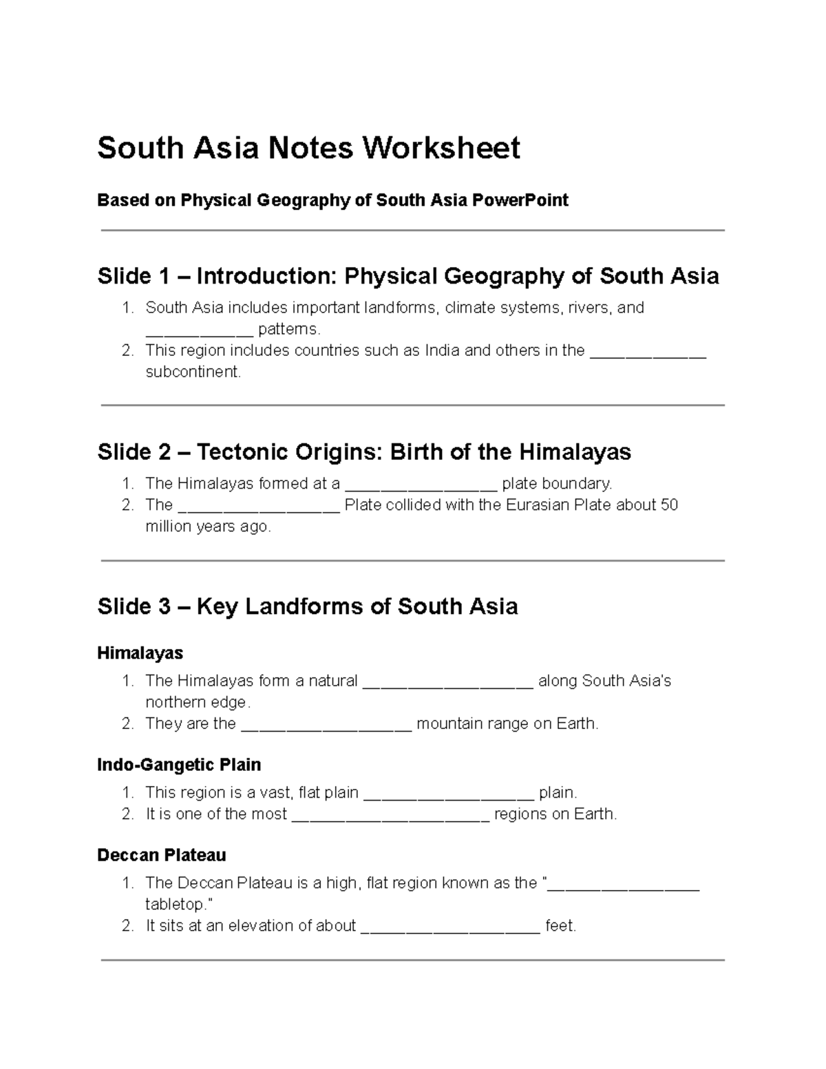 South Asia Geography Notes Worksheet: Key Landforms & Climate - Studocu