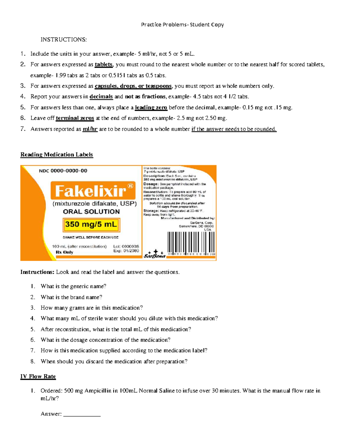 Various Practice Problems for Medication Calculations - Student Copy ...