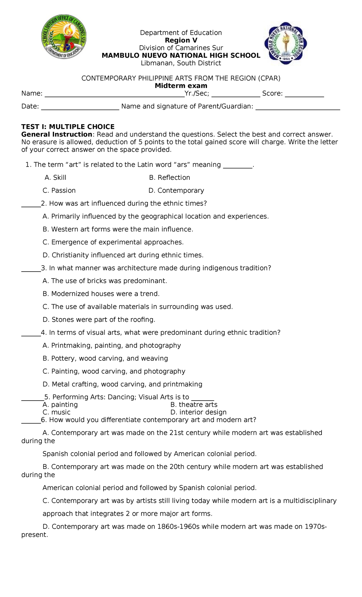 CPAR Midterm EXAM - dddd - Department of Education Region V Division of ...
