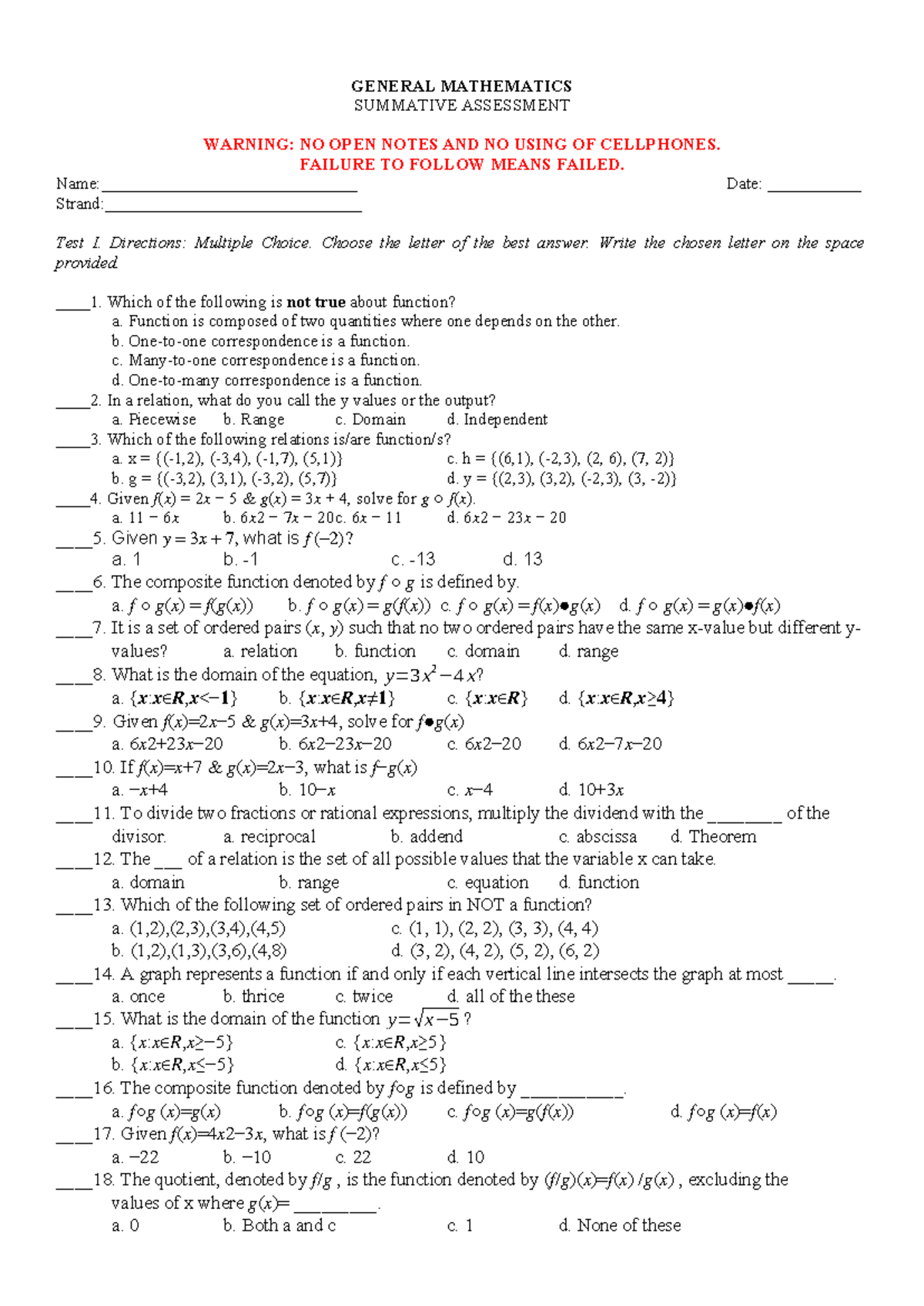 General Mathematics QUIZ 1: Summative Assessment Overview - Studocu