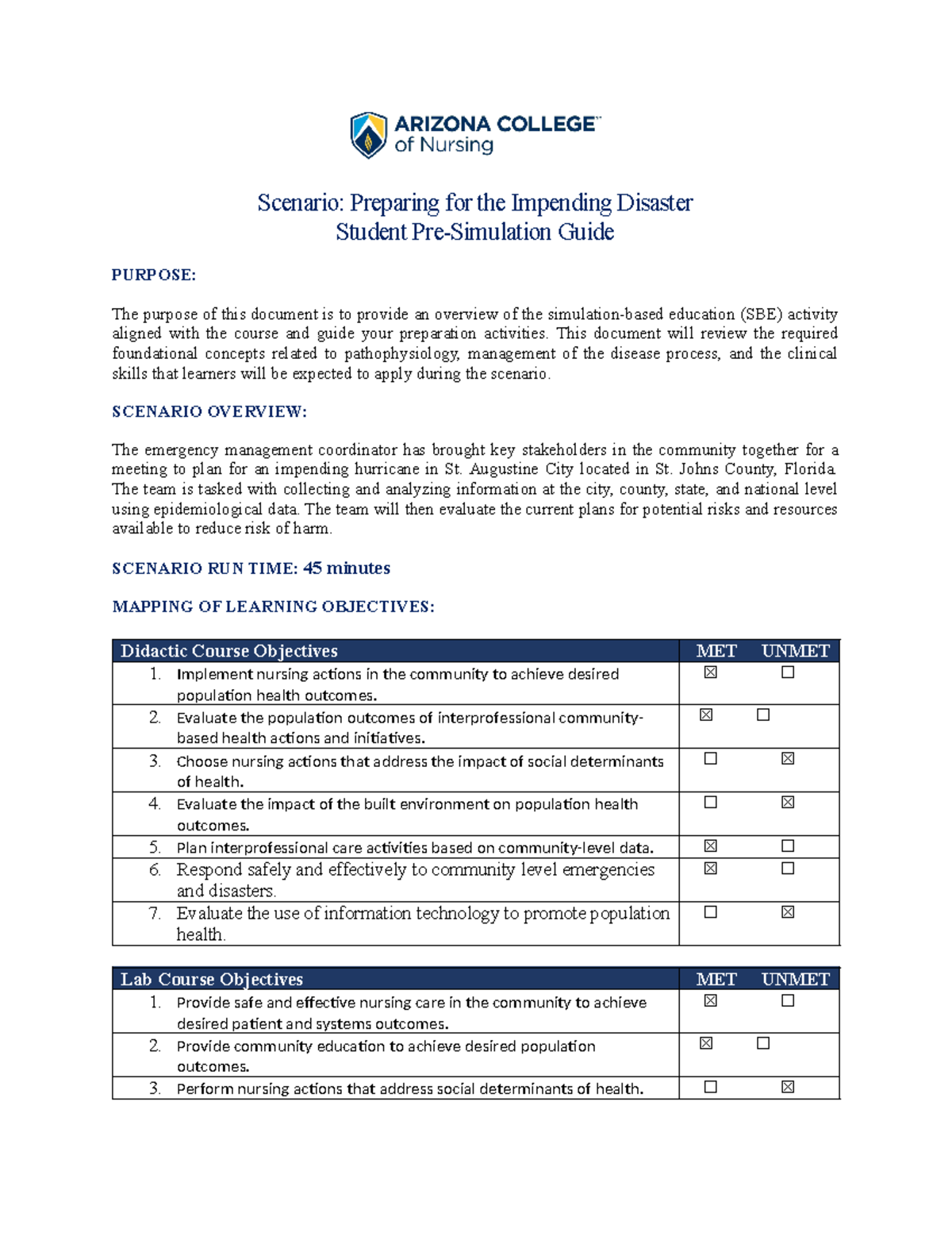 Preparing for the Impending Disaster: Student Pre-Simulation Guide (Jan ...