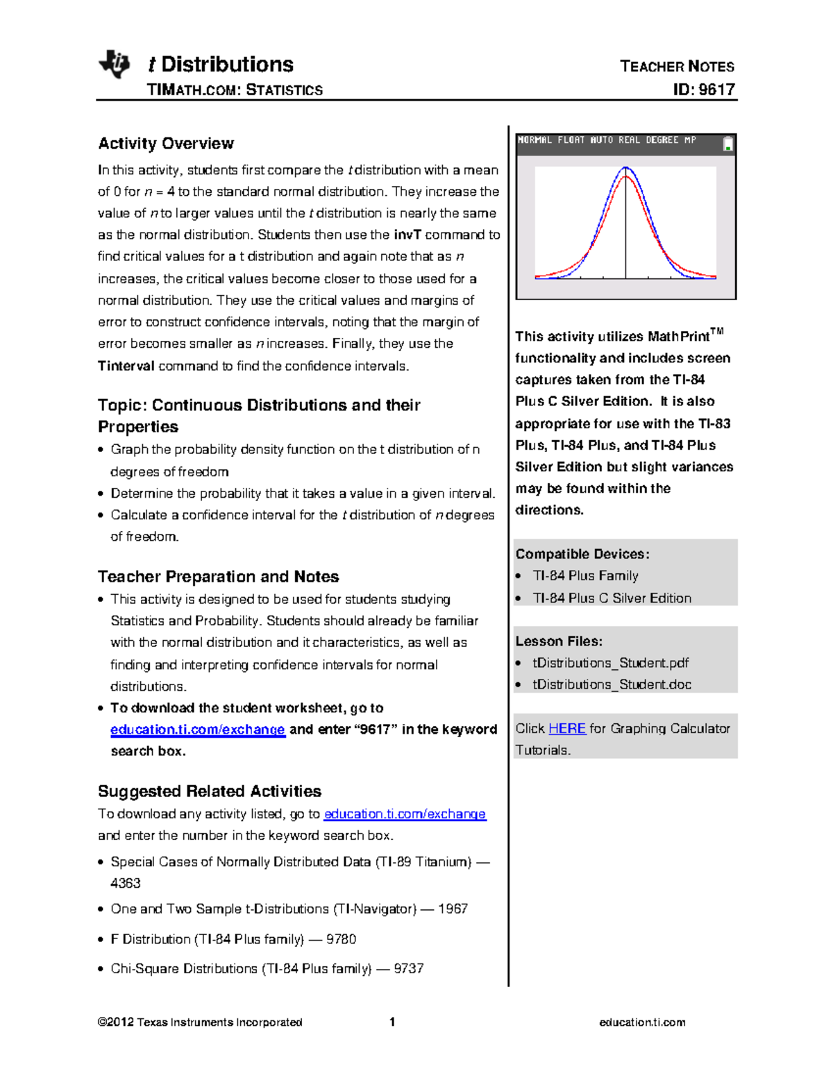 T Distributions Teacher Notes: Understanding Confidence Intervals and ...