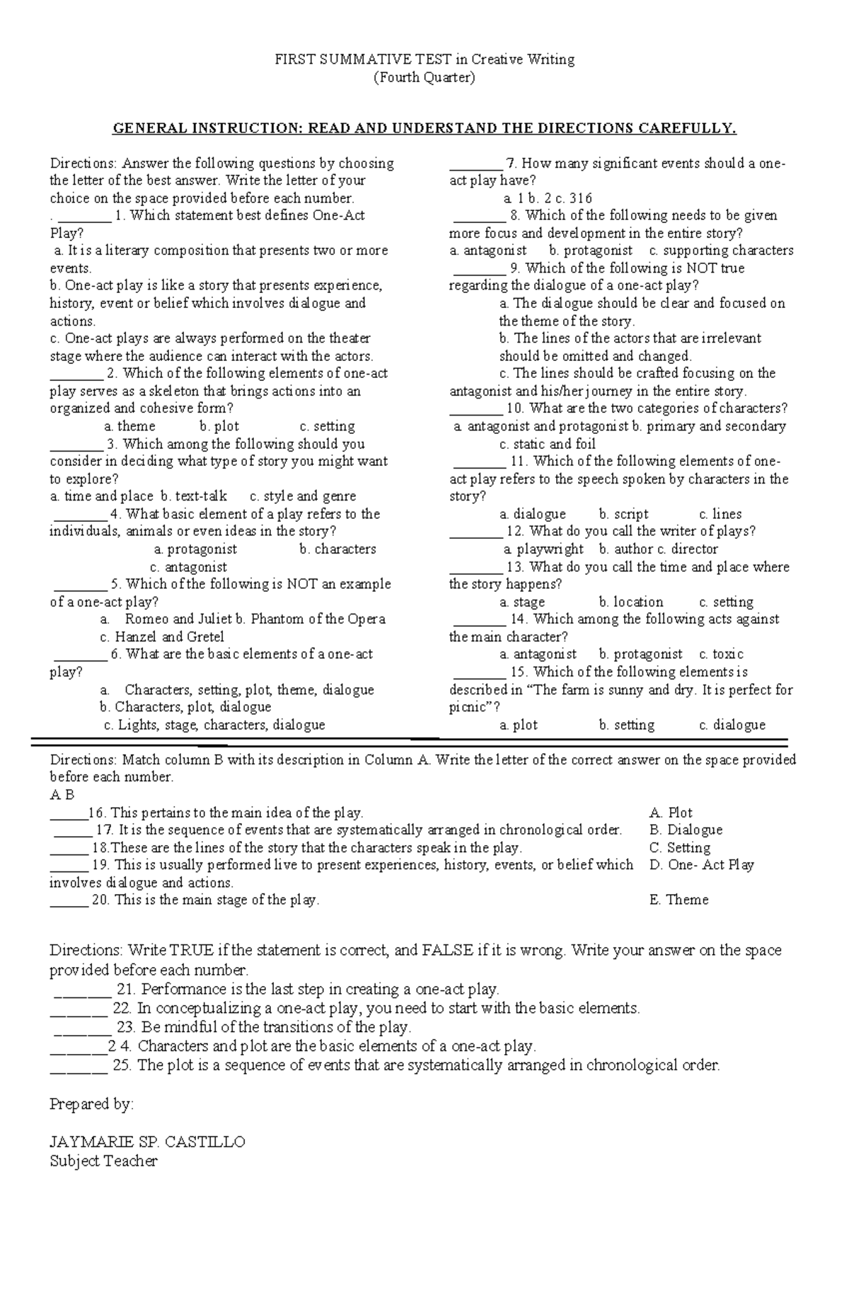 Second Summative Test in Creative Writing (4th Quarter) - Studocu