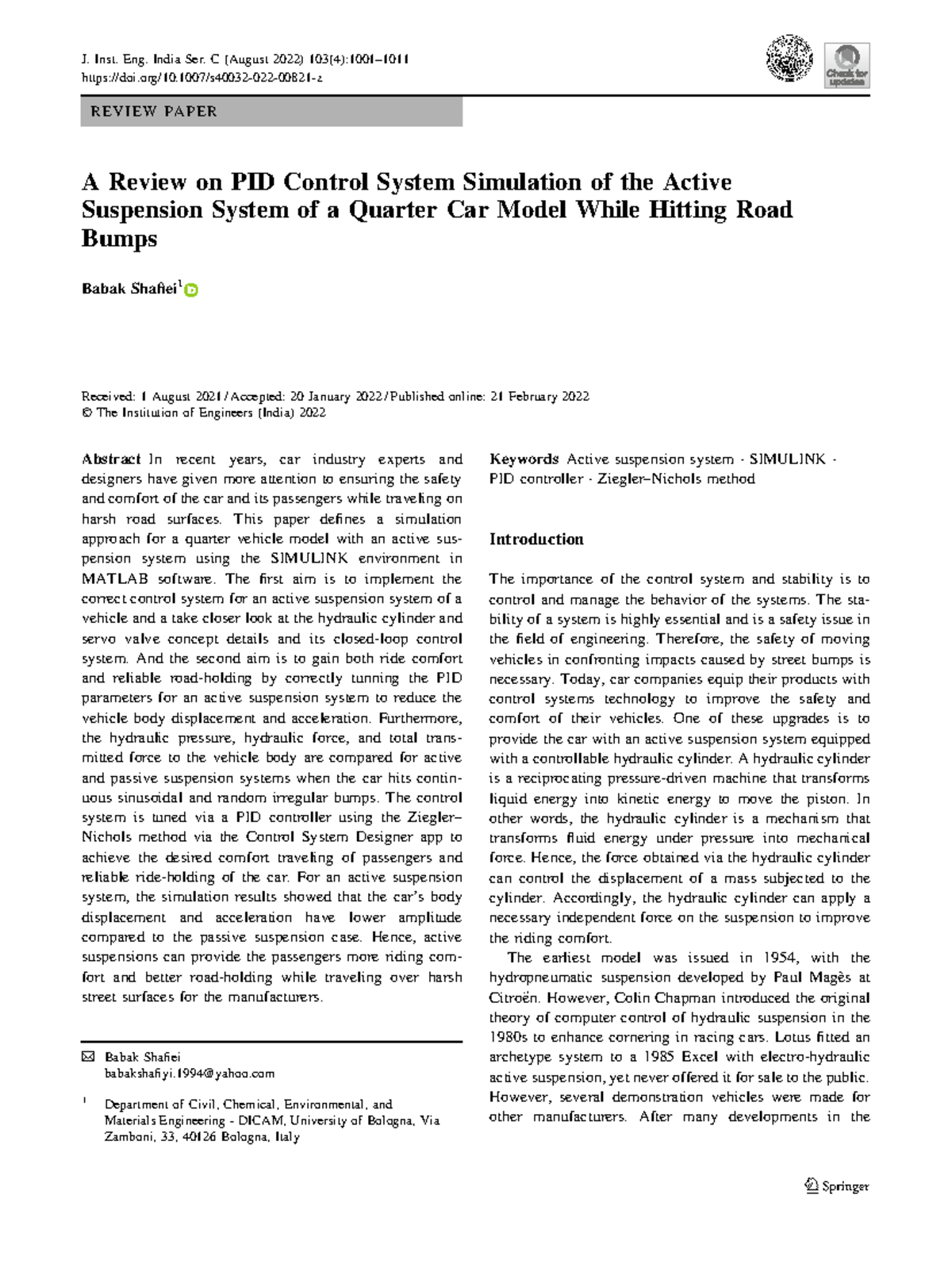 PID Control System Simulation for Active Suspension in Quarter Car Model - Studocu