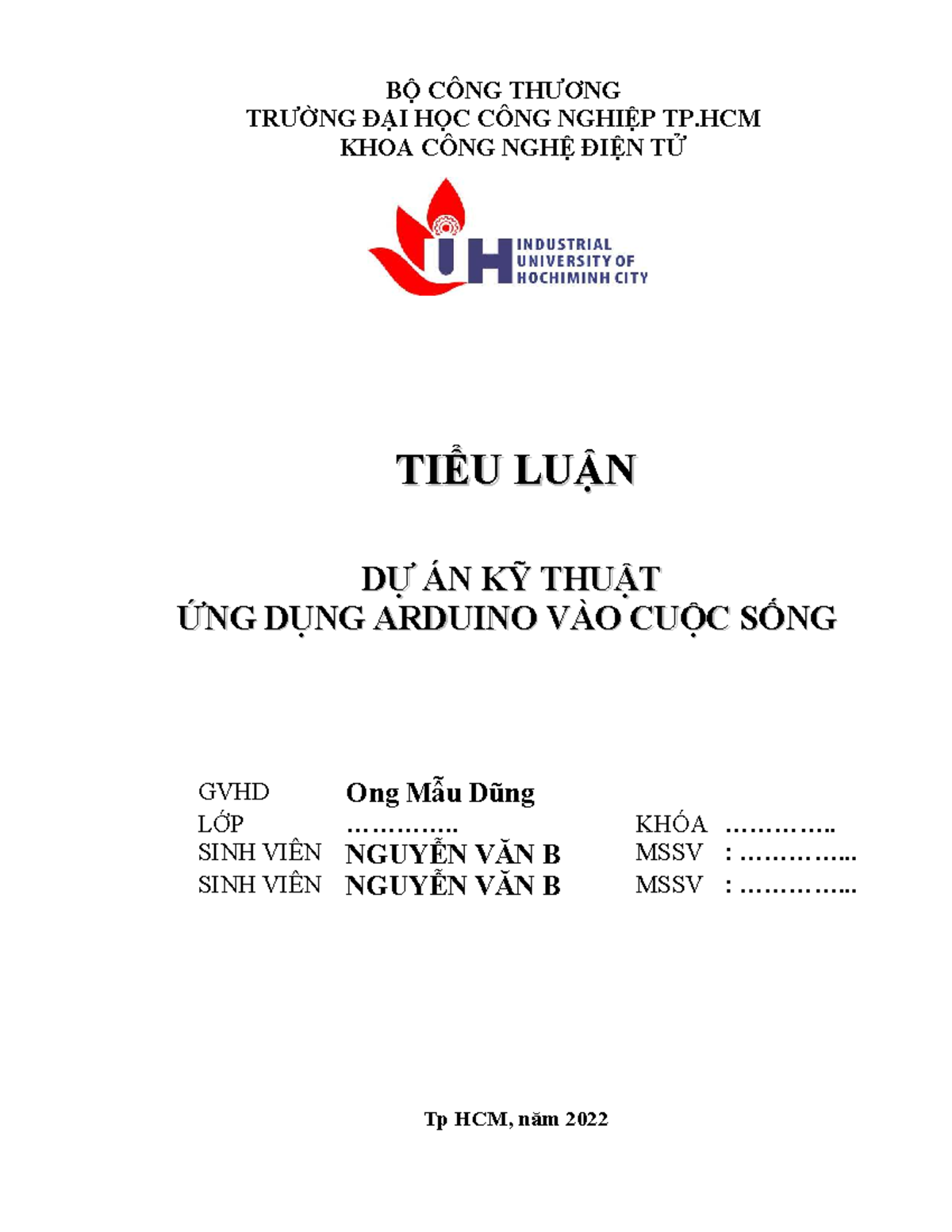 Tiểu Luận Dự Án Kỹ Thuật Ứng Dụng Arduino - [BMMT] - Studocu