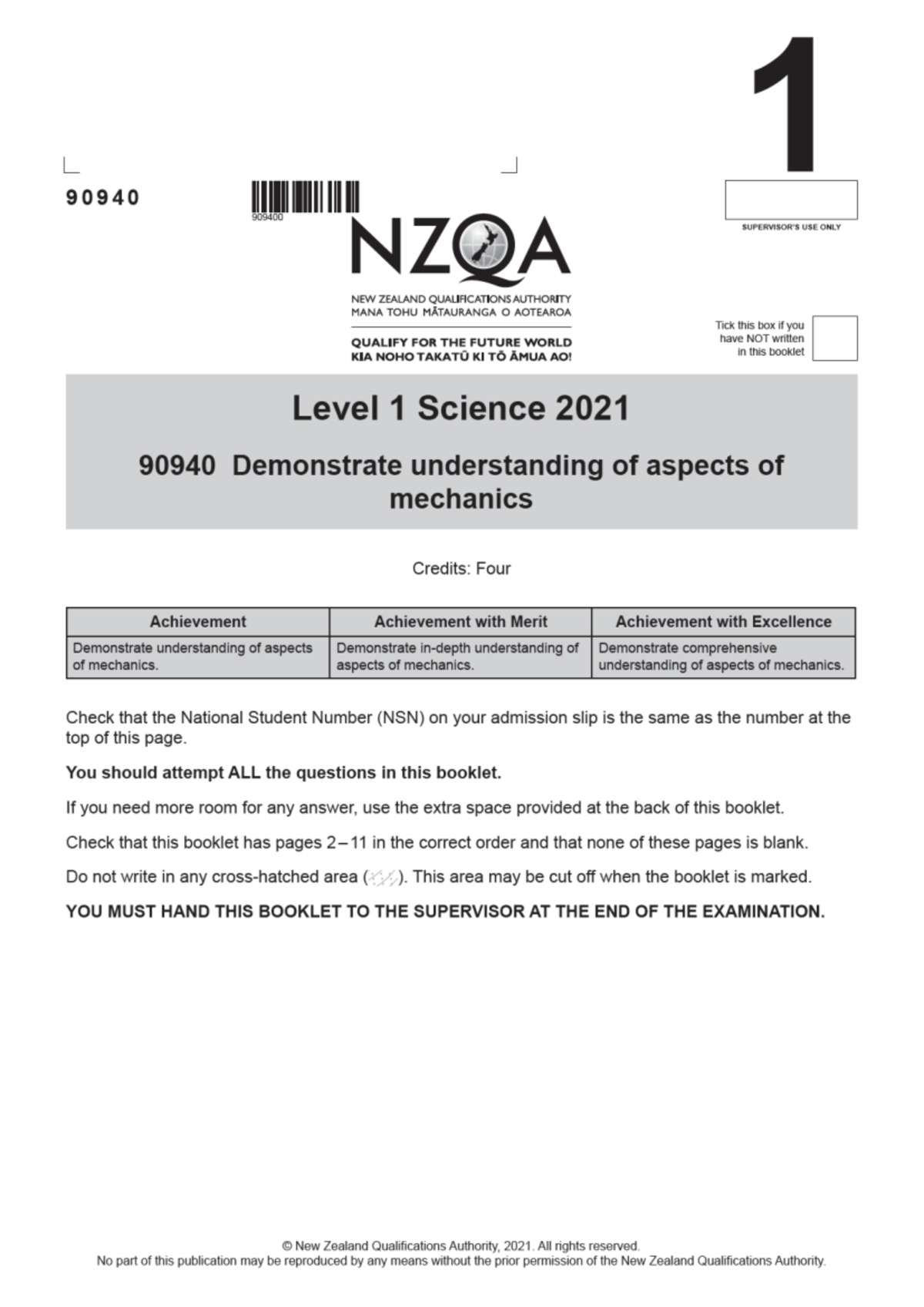 90940 - Level 1 Science 2021 Exam Past Paper on Mechanics - Studocu