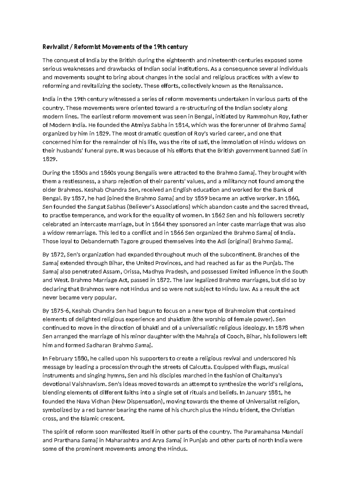 Revivalist & Reform Movements in 19th Century India: A Study - Studocu