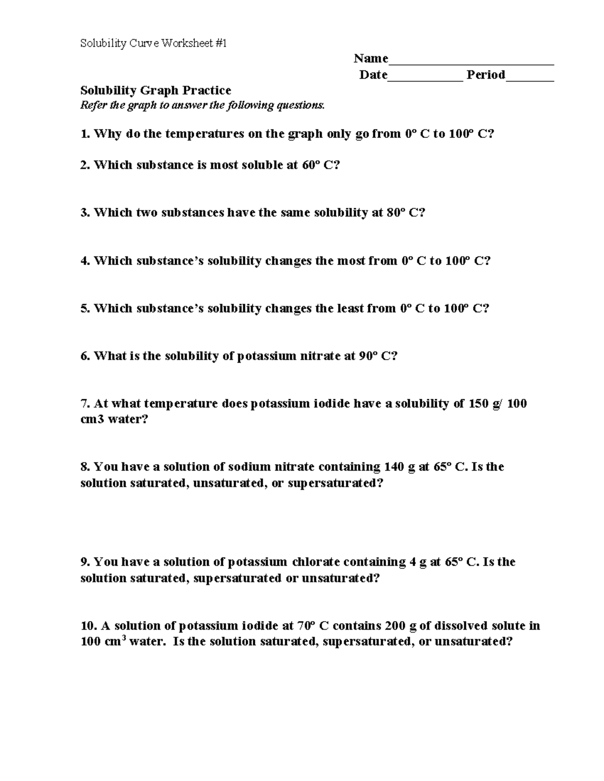 Solubility Curve Worksheet #1: Practice Questions and Analysis - Studocu