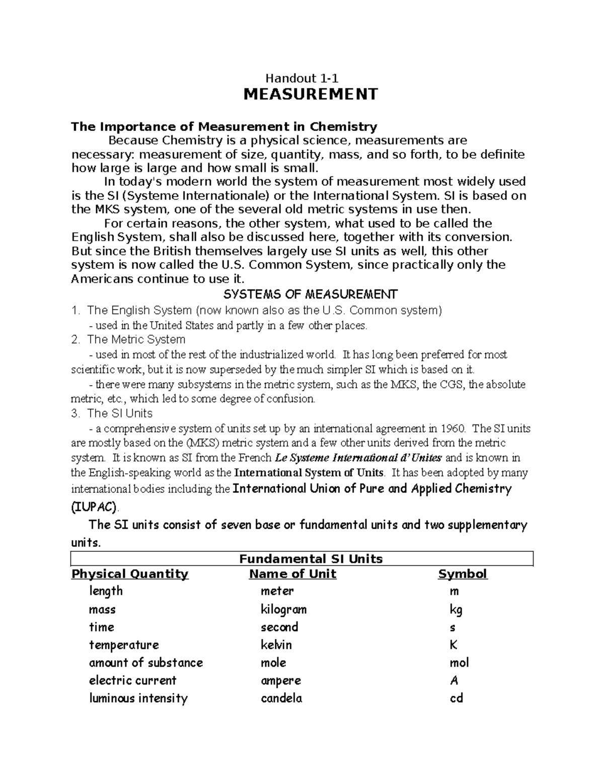 Gen CHEM Handout: The Importance of Measurement in Chemistry - Studocu