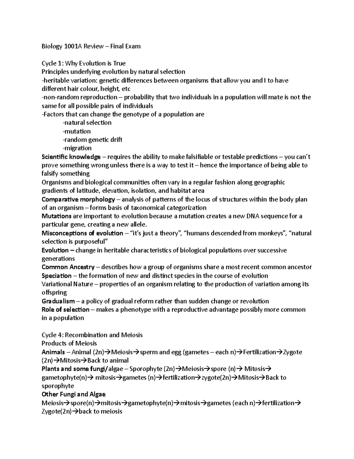 Biology 1001A Final Exam Review - Key Concepts in Evolution and ...
