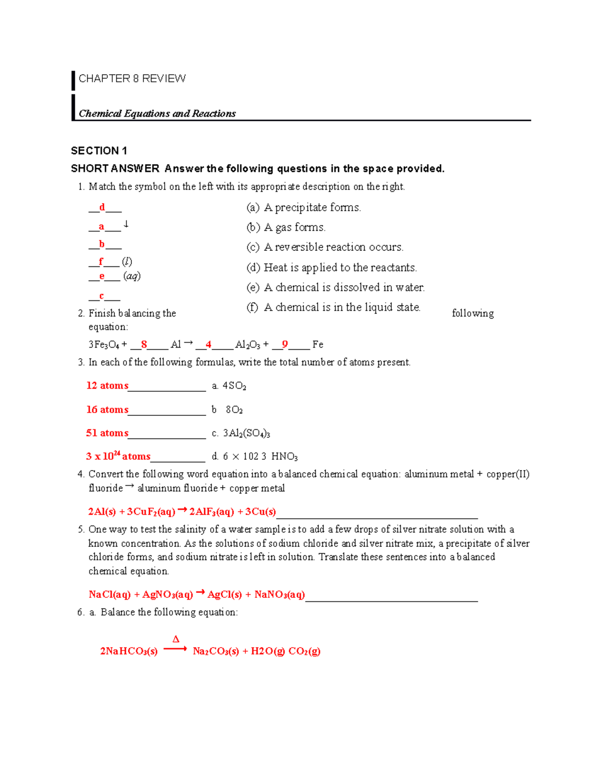 Chapter 8 -Section 1 Review WS - CHAPTER 8 REVIEW Chemical Equations ...