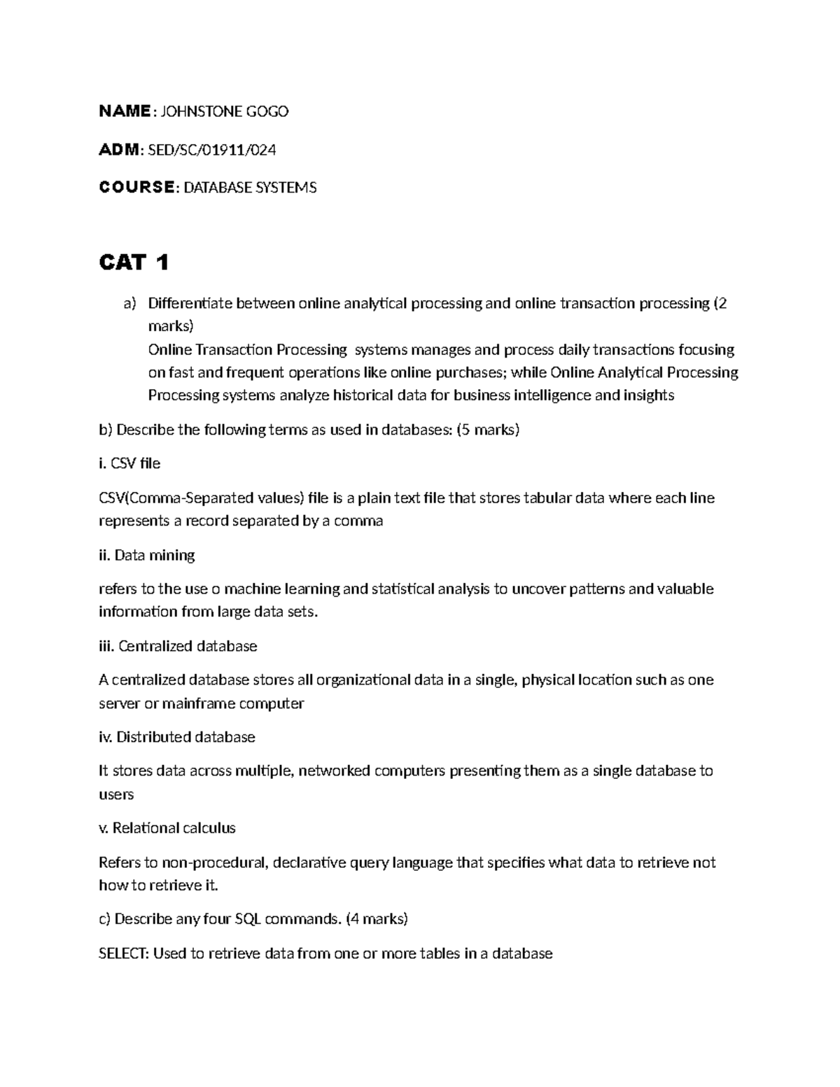 CIT 215 Database Systems CAT 1 & 2 Study Notes on SQL and Data Concepts ...