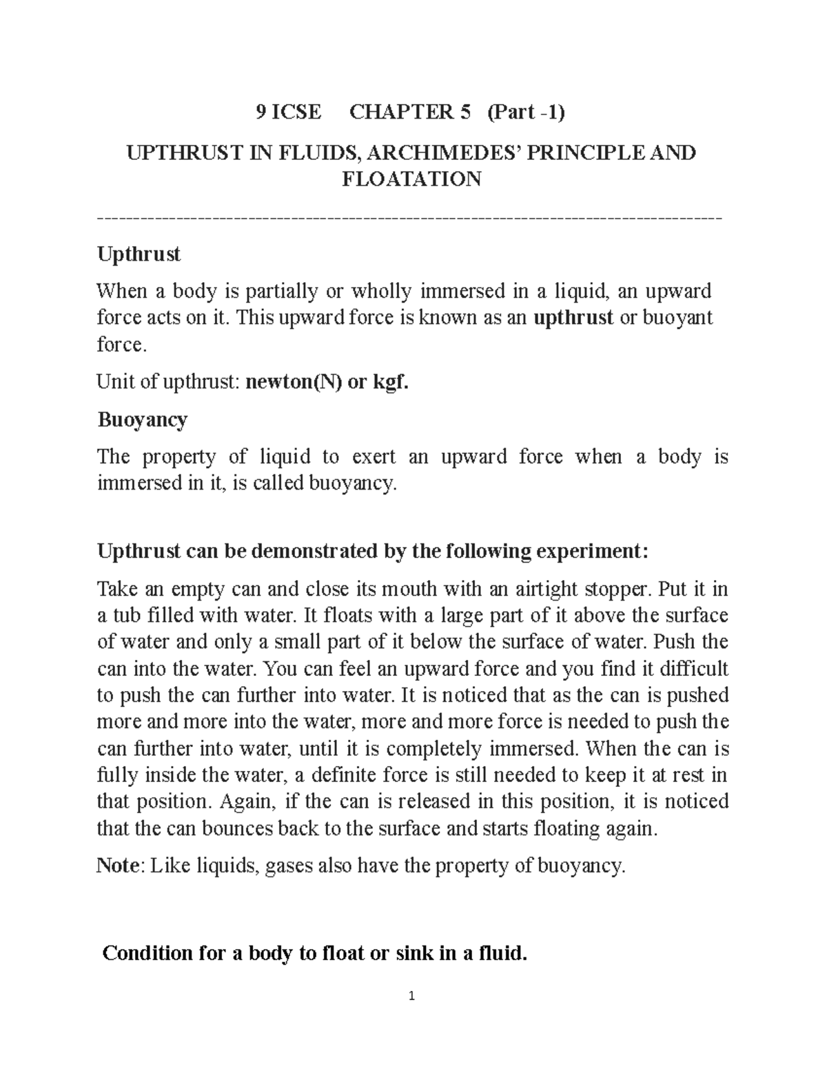 Upthrust IN Fluids, Archimedes’ Principle AND Floatation - 9 ICSE ...