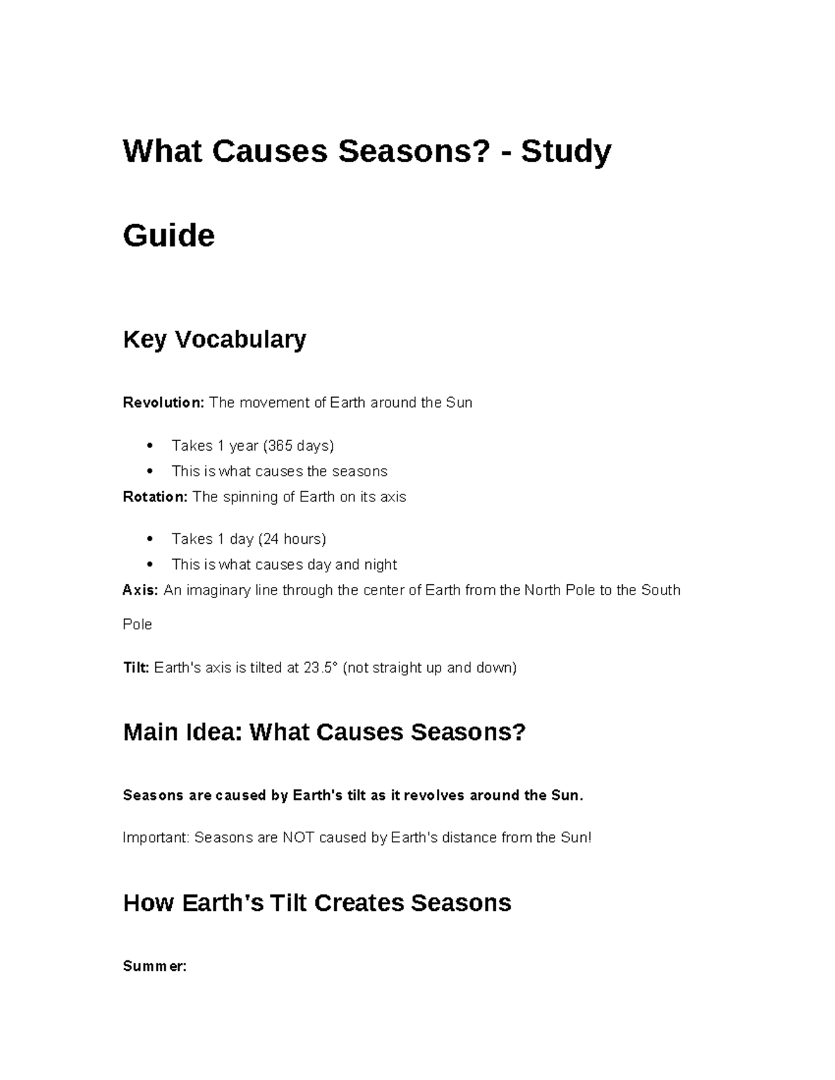 Seasons Study Guide: Understanding Causes & Key Terms - Studocu