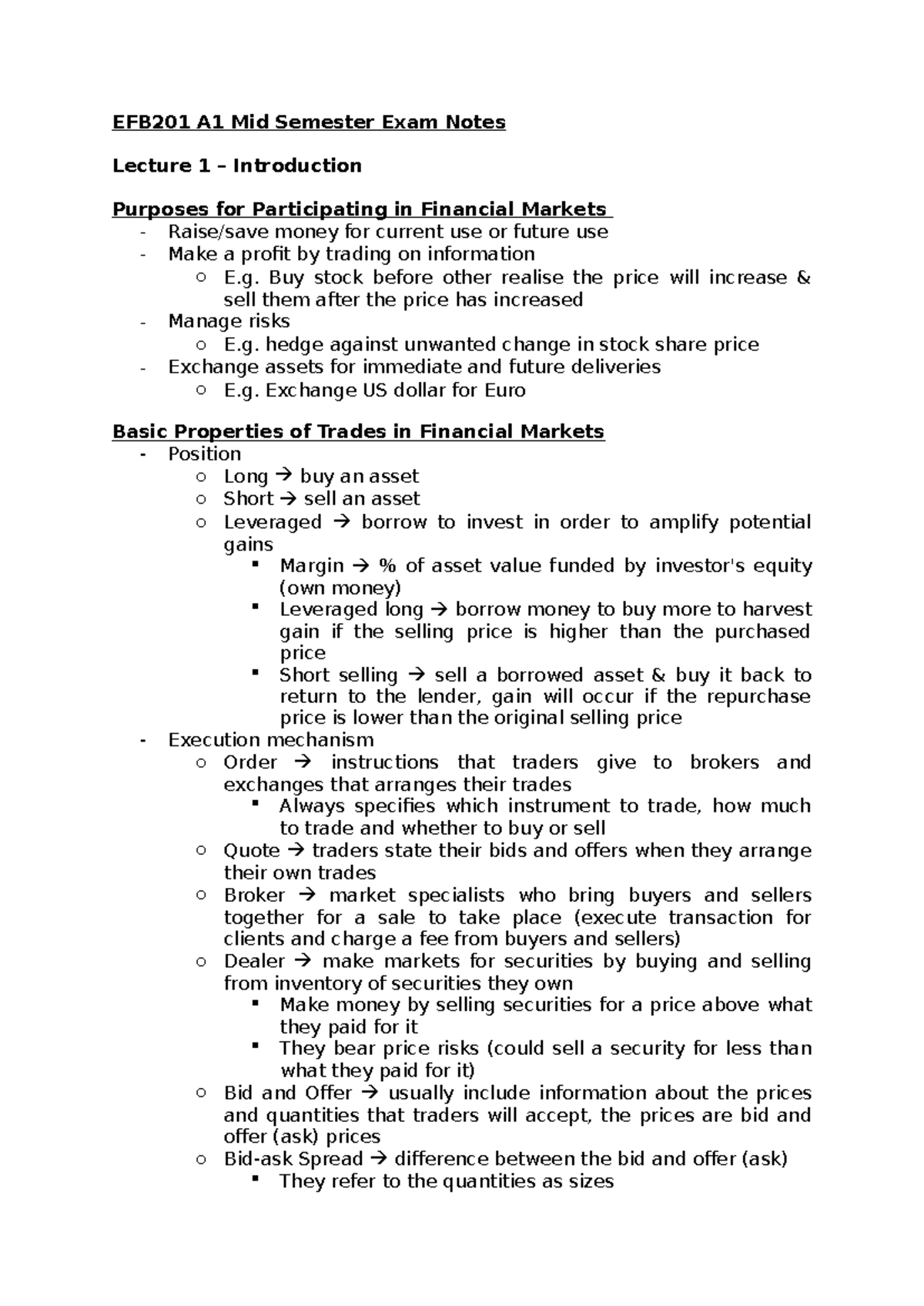 EFB201 A1 Mid Semester Exam Notes: Financial Markets Overview - Studocu