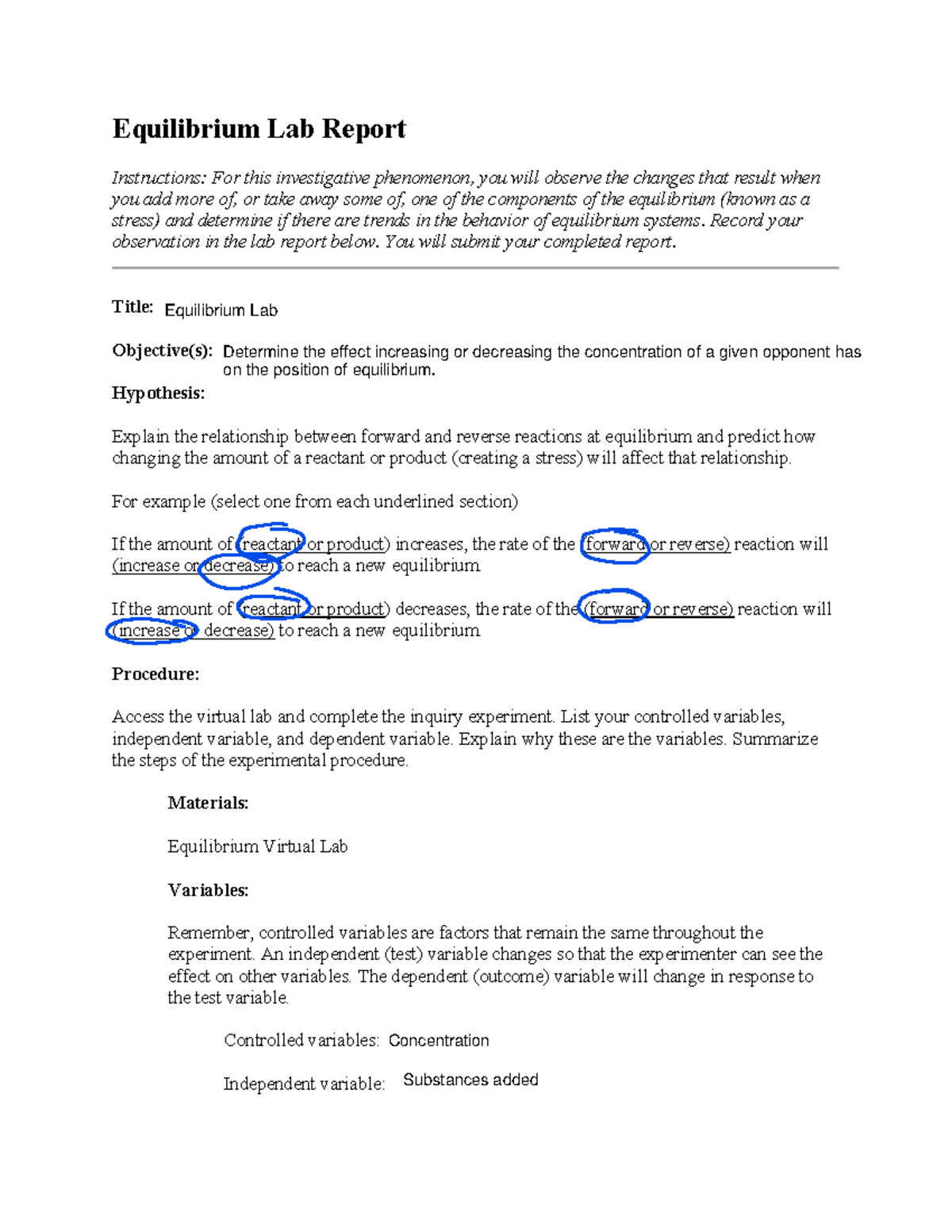 Equilibrian Lab Report - Equilibrium Lab Report Instructions: For this ...